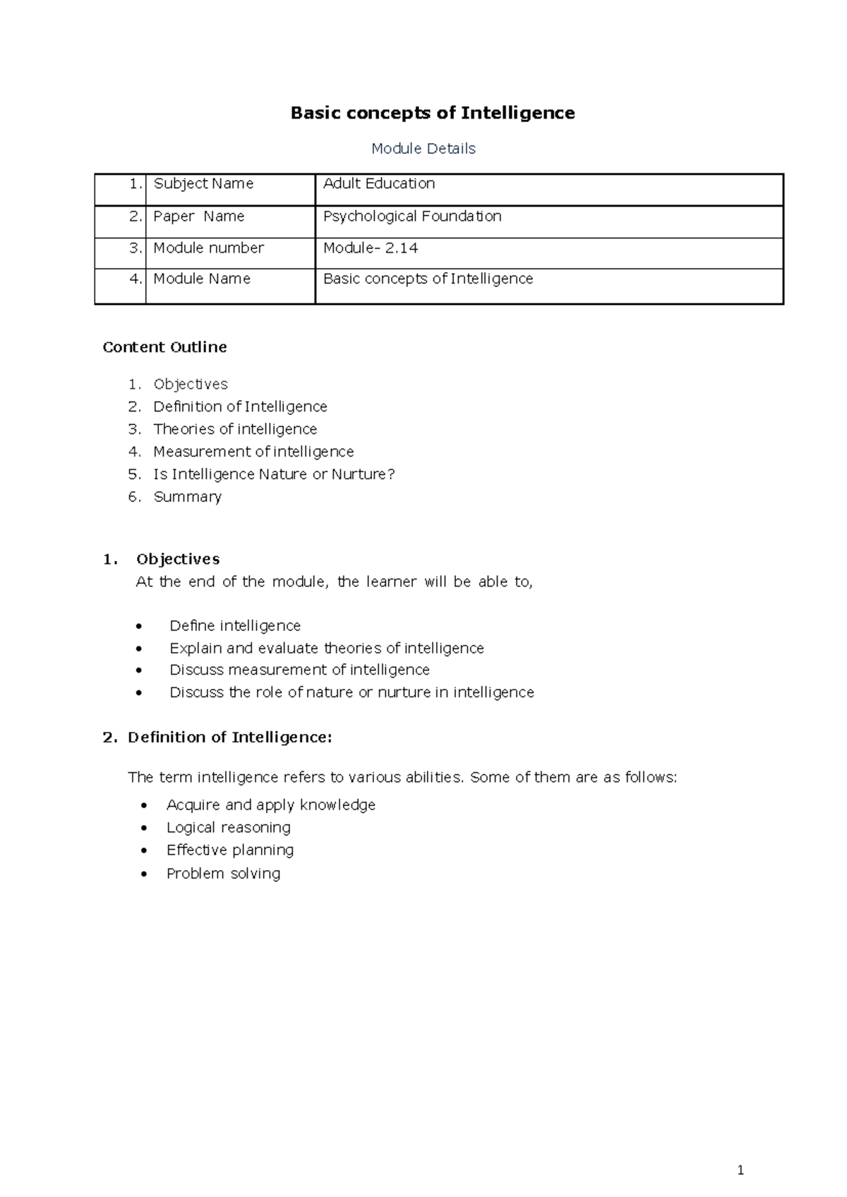 Basic concepts of Intelligence - Basic concepts of Intelligence Module ...