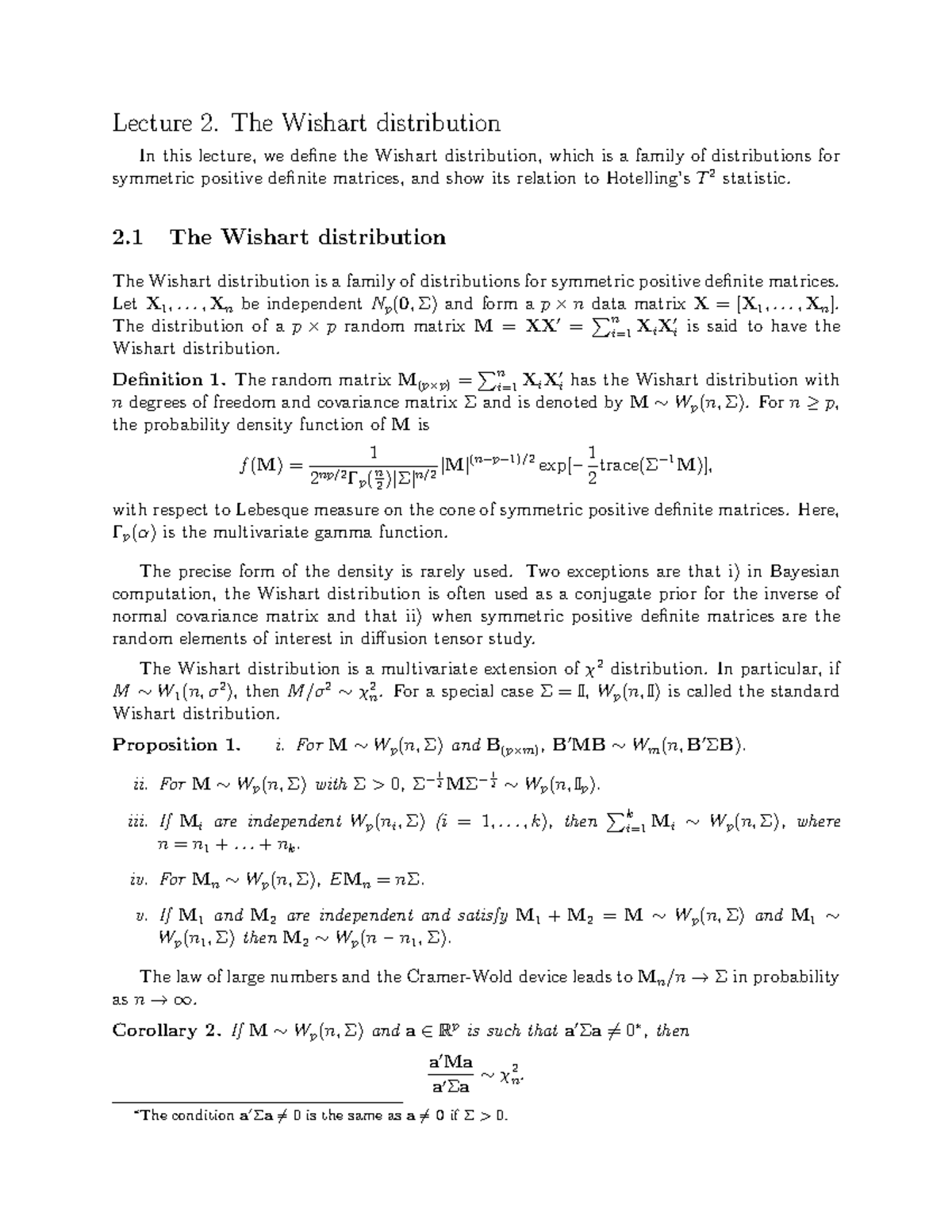 Lectures Notes Of Statistics Lecture 2 The Wishart Distribution In This Lecture We Define