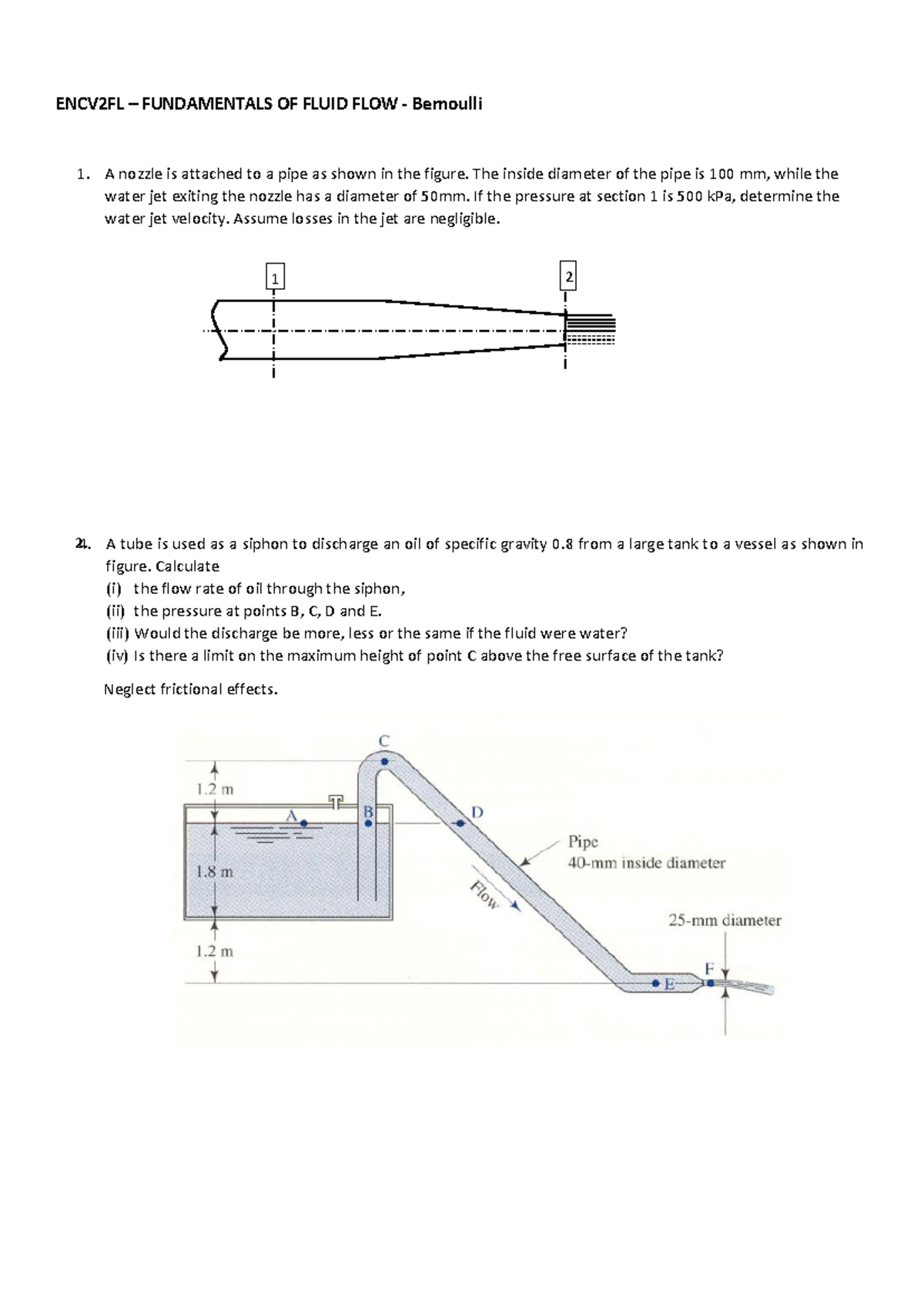 Worked Examples Fluid Flow Bernoulli 2020 - ENCV2FL – FUNDAMENTALS OF ...