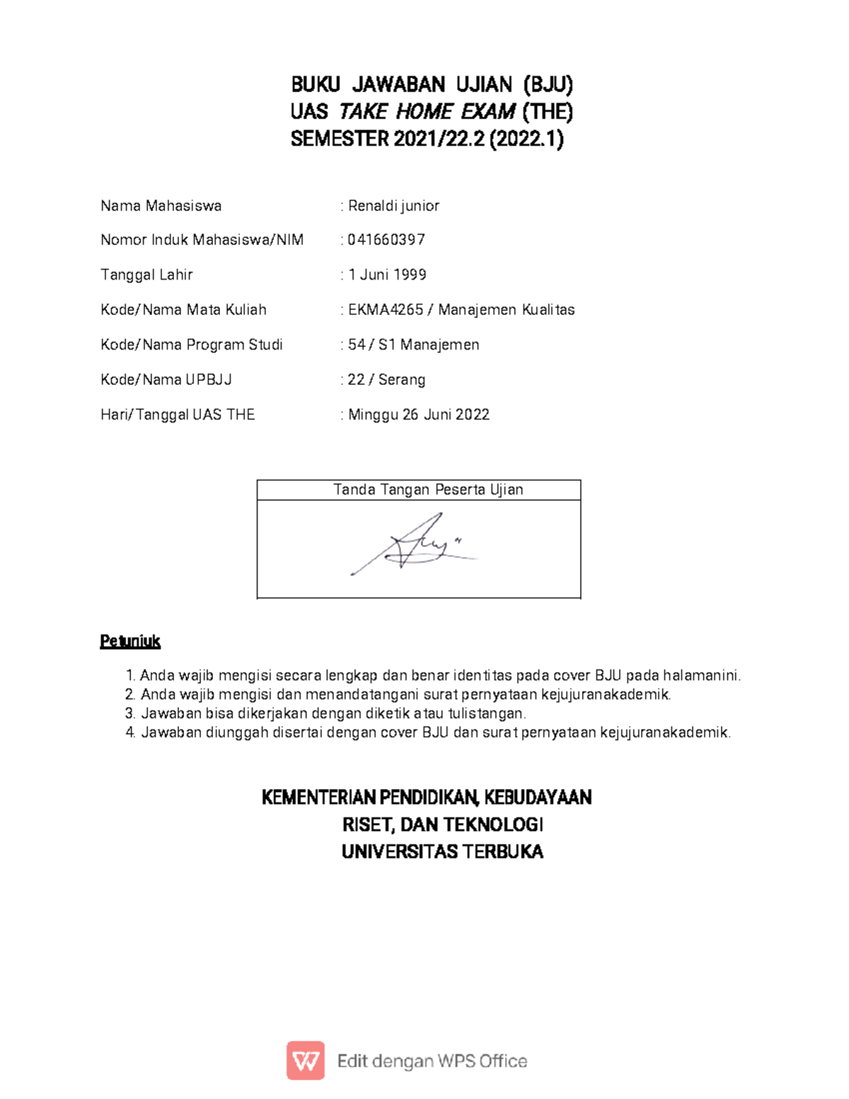 THE Renaldi Junior 041660397 manajemen Kualitas - BUKU JAWABAN UJIAN (BJU) UAS TAKE HOME EXAM ...