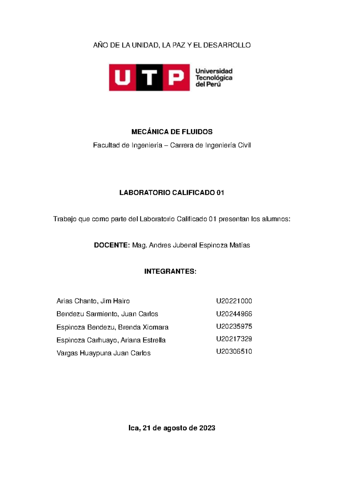 LAB1. MEC Fluidos - fghjklñ{ñlkjhgfd - AÑO DE LA UNIDAD, LA PAZ Y EL ...