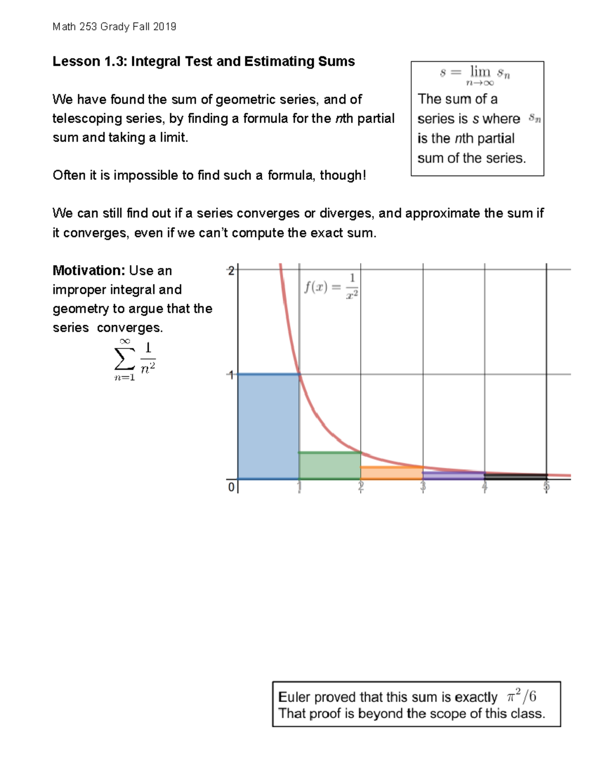 Lesson 1.3 Integral Test and Estimating Sums - Math 253 Grady Fall 2019 ...