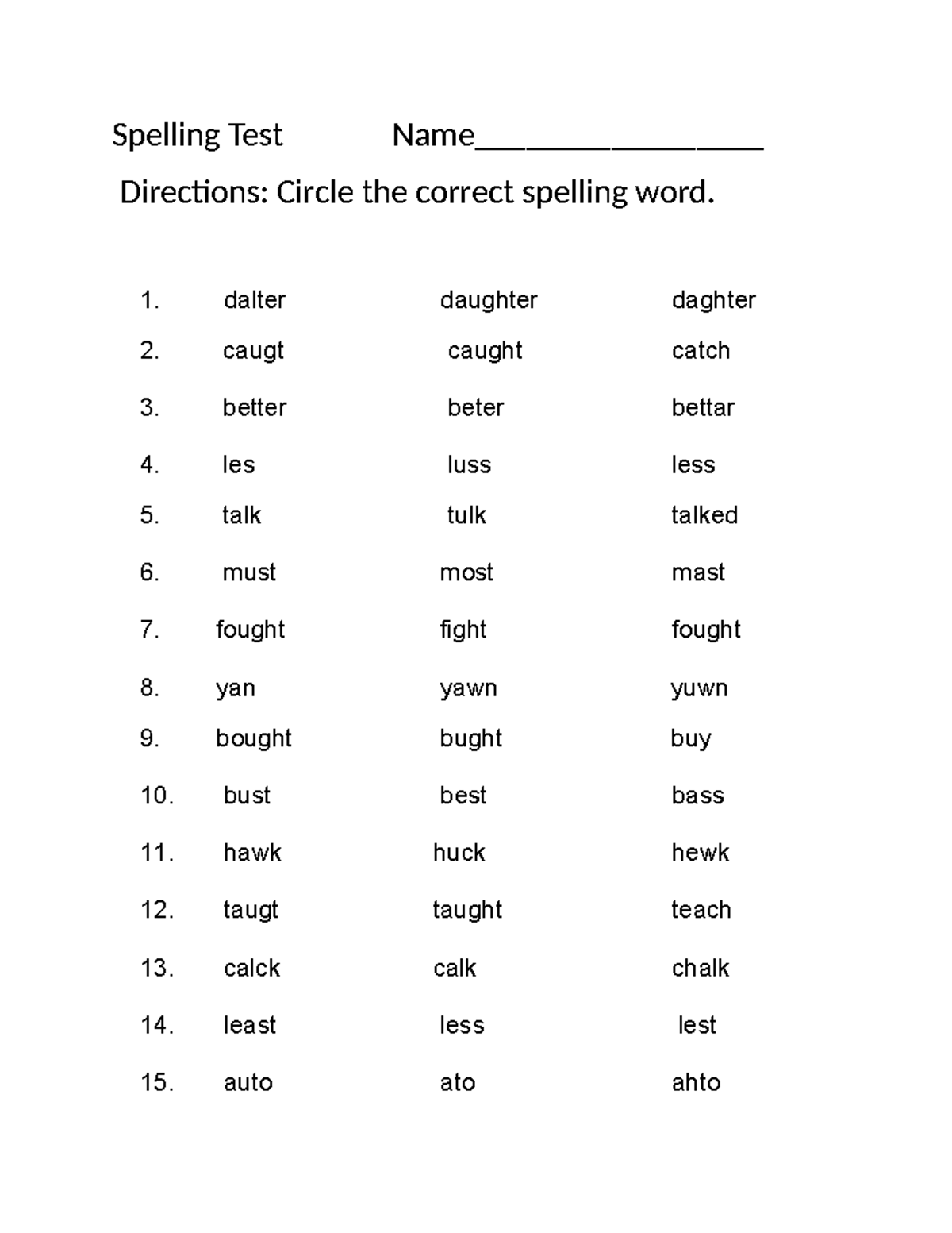 Dec 11 spelling test - Spelling Test Name_________________ Directions ...