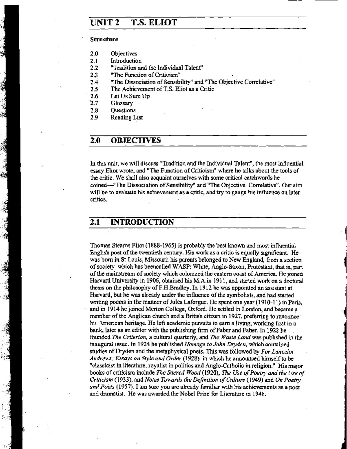 T S Eliot - study - UNIT 2 T. ELIOT ' Structure Objectives Introduction ...