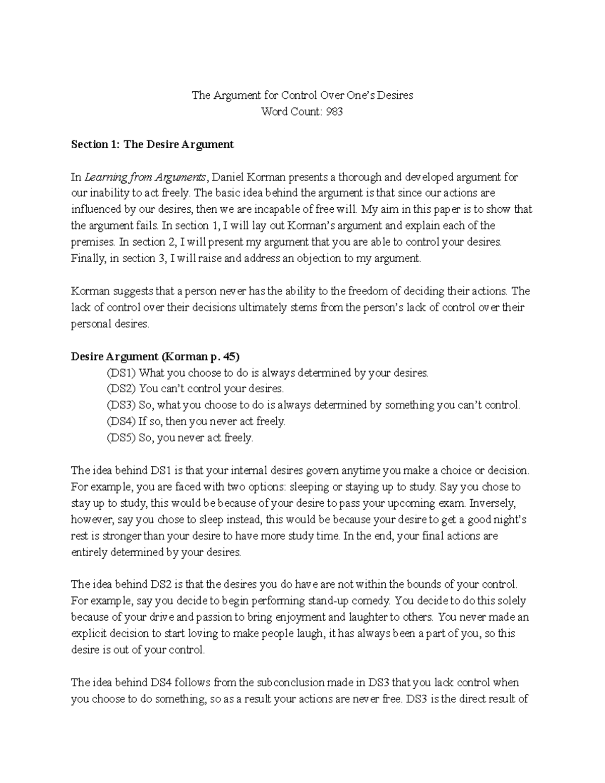 Phil 1 Essay #1 - exemplar paper on philosophical theory - The Argument ...