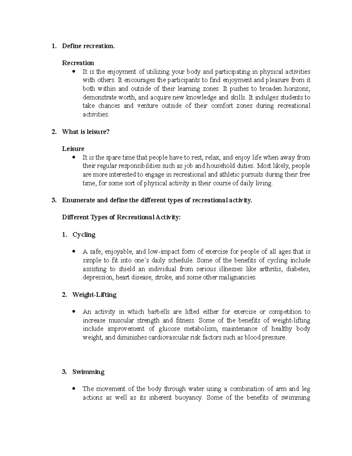 Recreational and Leisure Activities - Define recreation. Recreation It ...