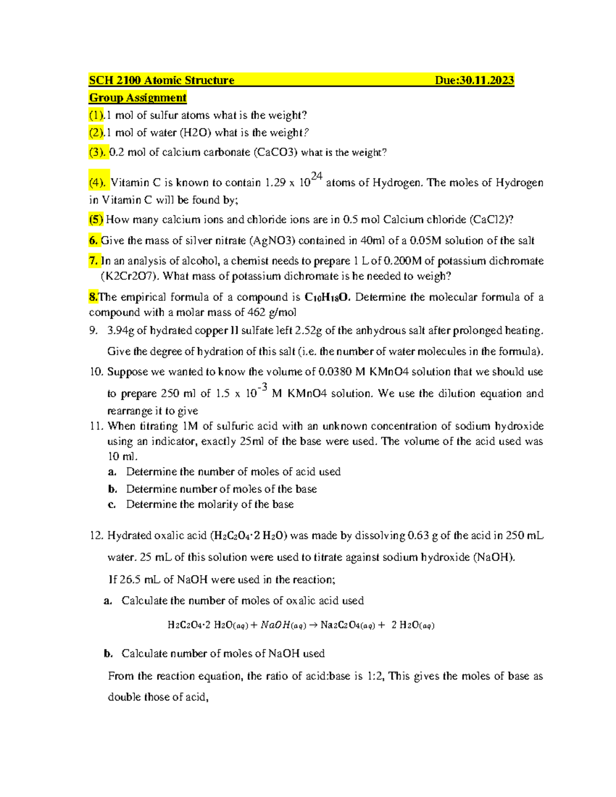 Group Assingment 2023 - assignments - SCH 2100 Atomic Structure Due:30 ...