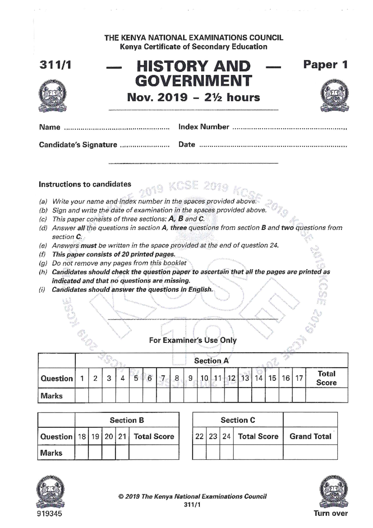 2019 KCSE History Government Paper 1 - THE KENYA NATIONAL EXAMINATIONS COUNCIL Kenya Certificate ...
