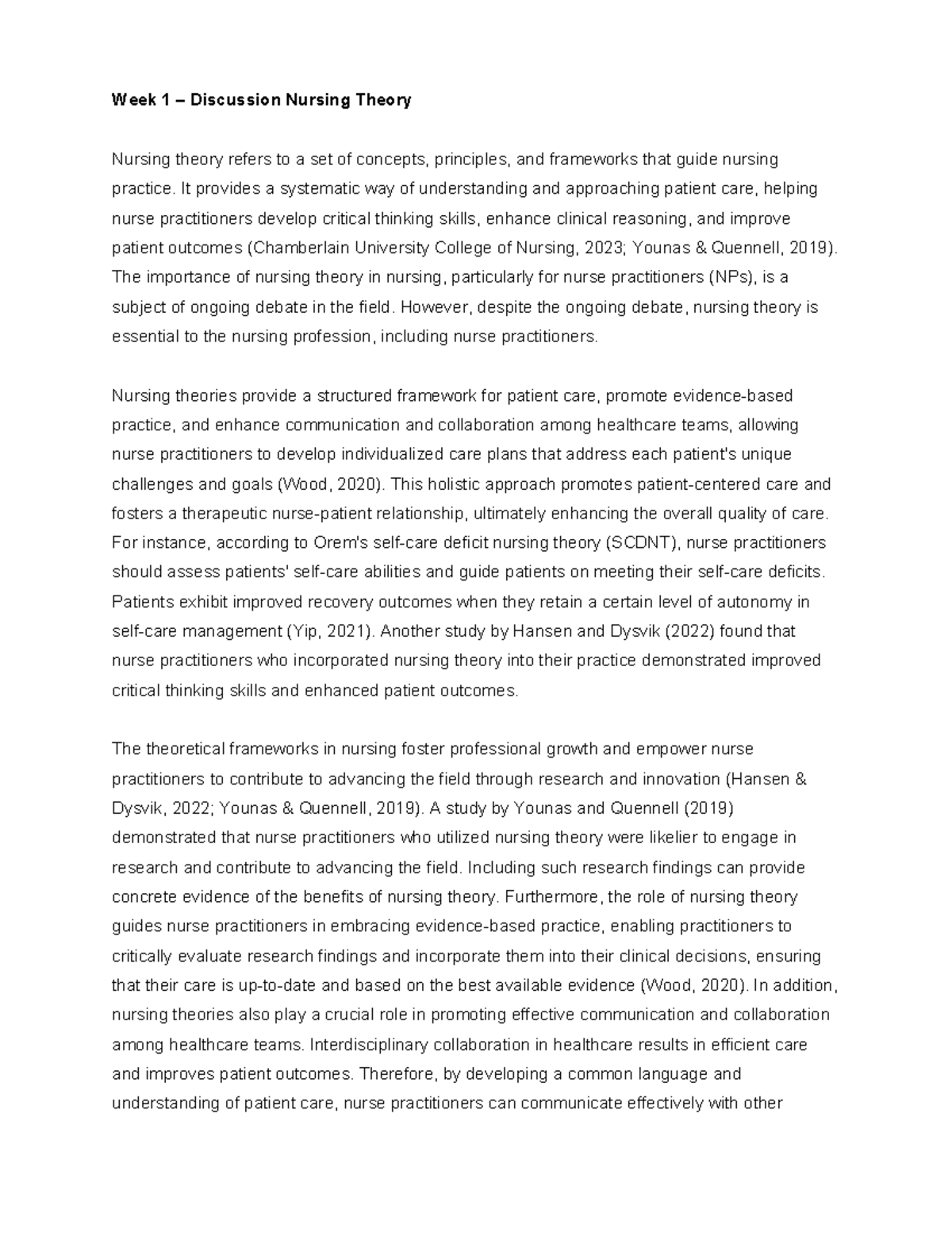 Week 1 - Discussion Nursing Theory - Week 1 – Discussion Nursing Theory ...
