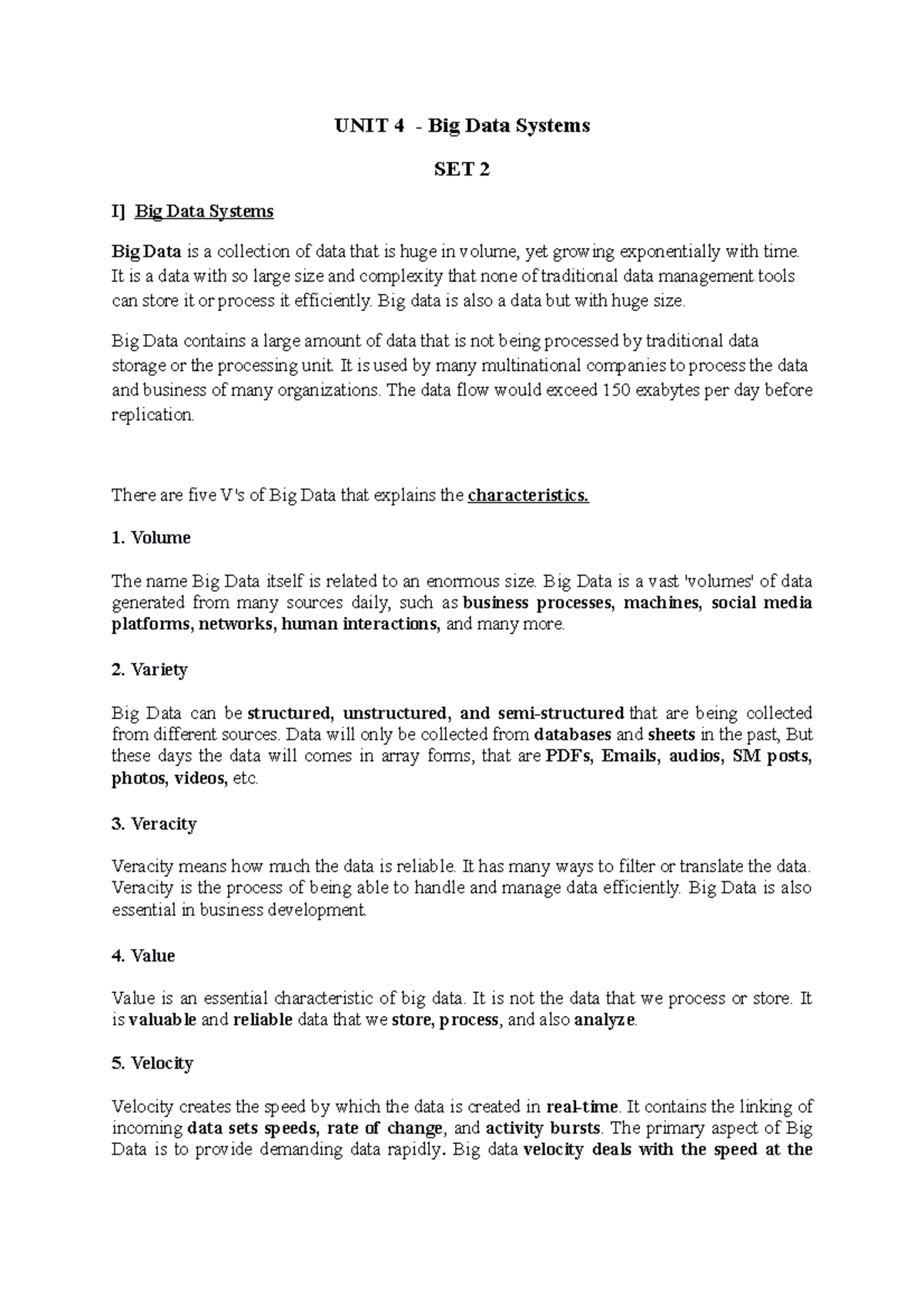 SET 1 Big Data Systems - UNIT 4 - UNIT 4 - Big Data Systems SET 2 I ...