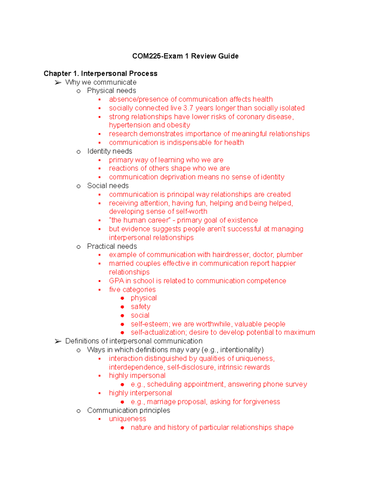 Exam One - COM 225 An Intro to Interpersonal Communication - COM225-Exam 1 Review Guide Chapter ...