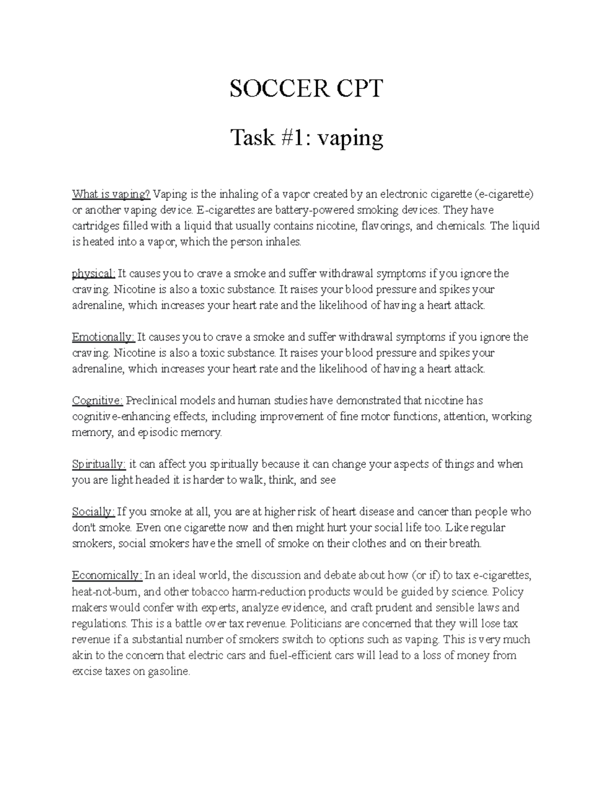 lecture notes 1080 - SOCCER CPT Task #1: vaping What is vaping? Vaping ...