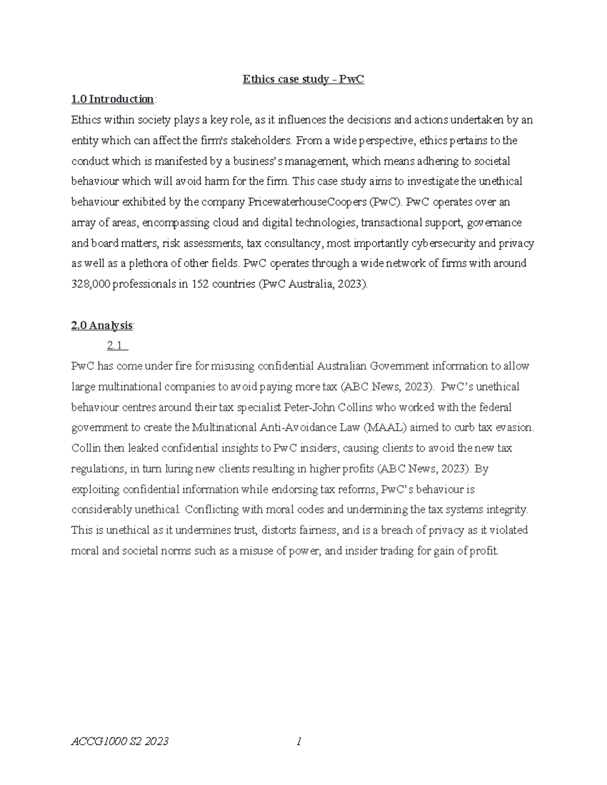 Accounting - Ethics case study - PwC 1 Introduction: Ethics within ...