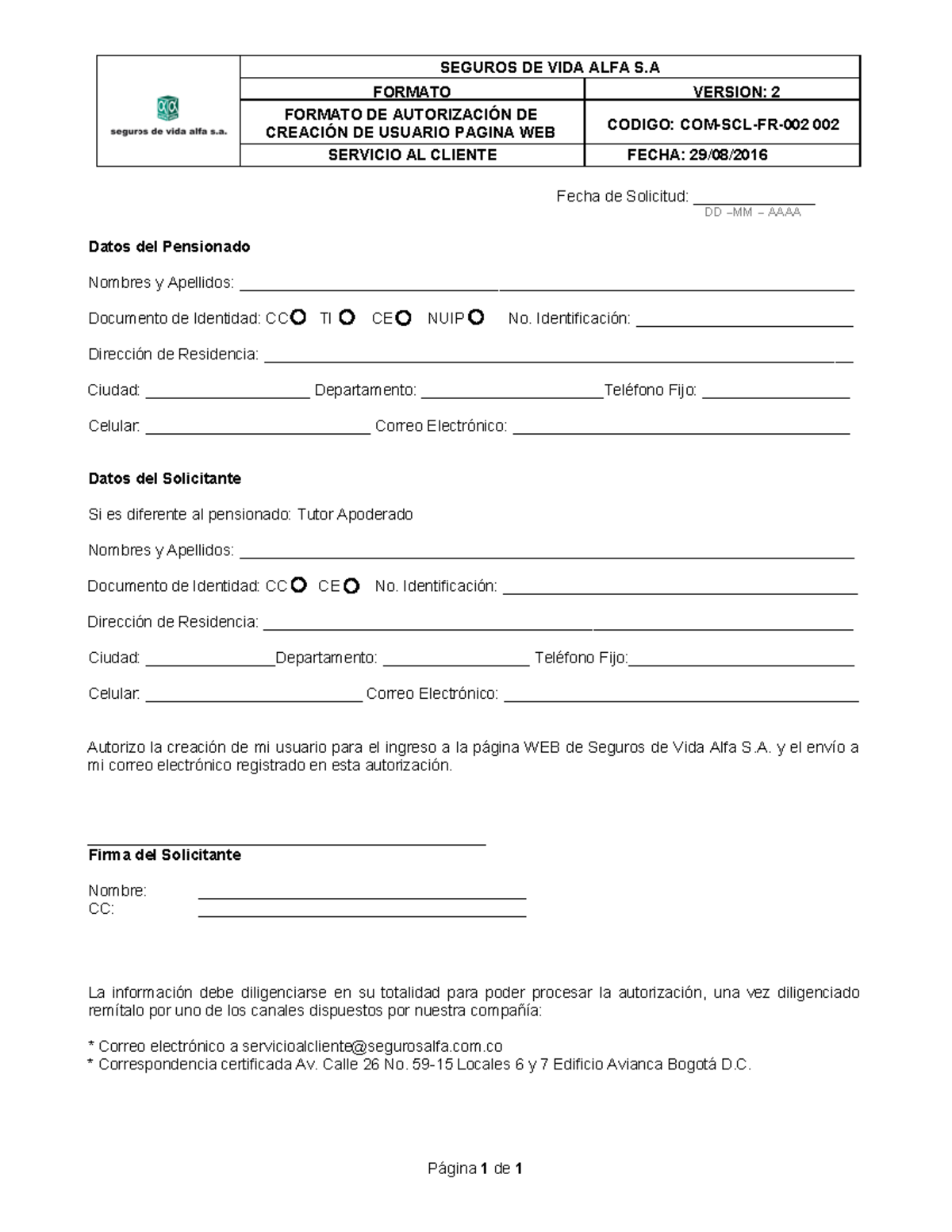 Autorizacion creacion de usuario pagina web 34d3afe5b8 - SEGUROS DE ...