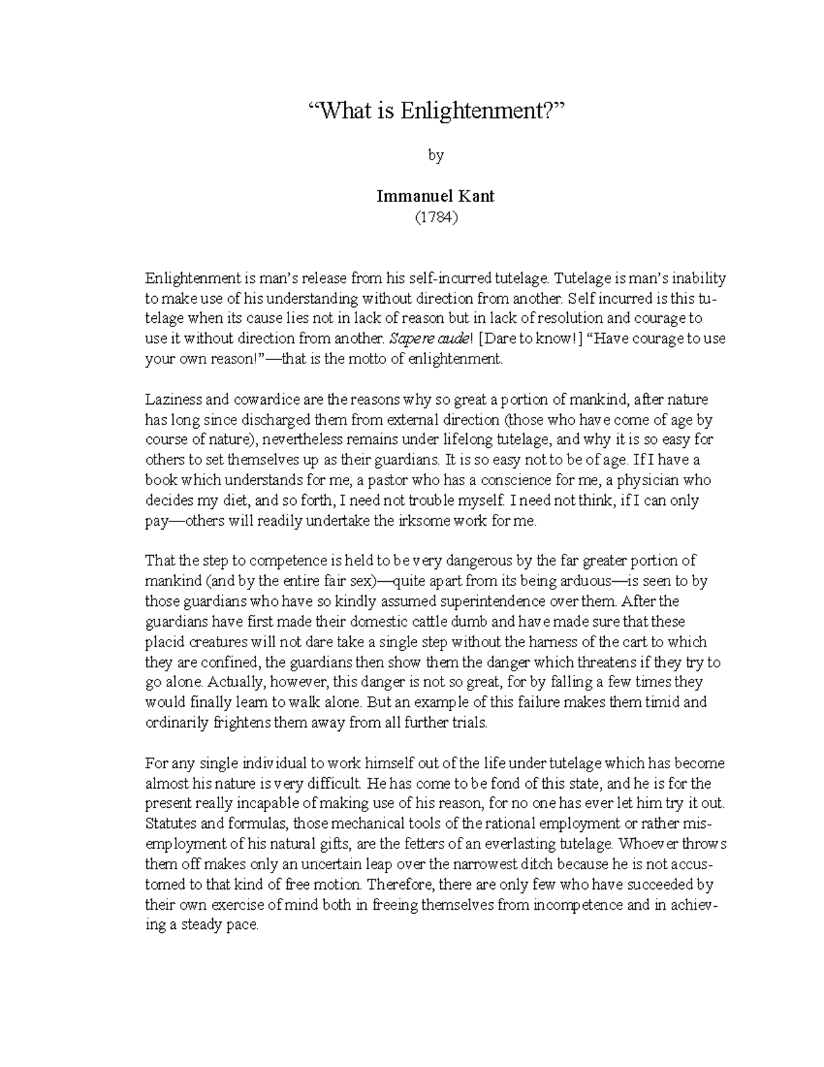 MPP Theme 2 Readings UNIT-1 modernity and enlightment - “What is Enlightenment?” by Immanuel ...