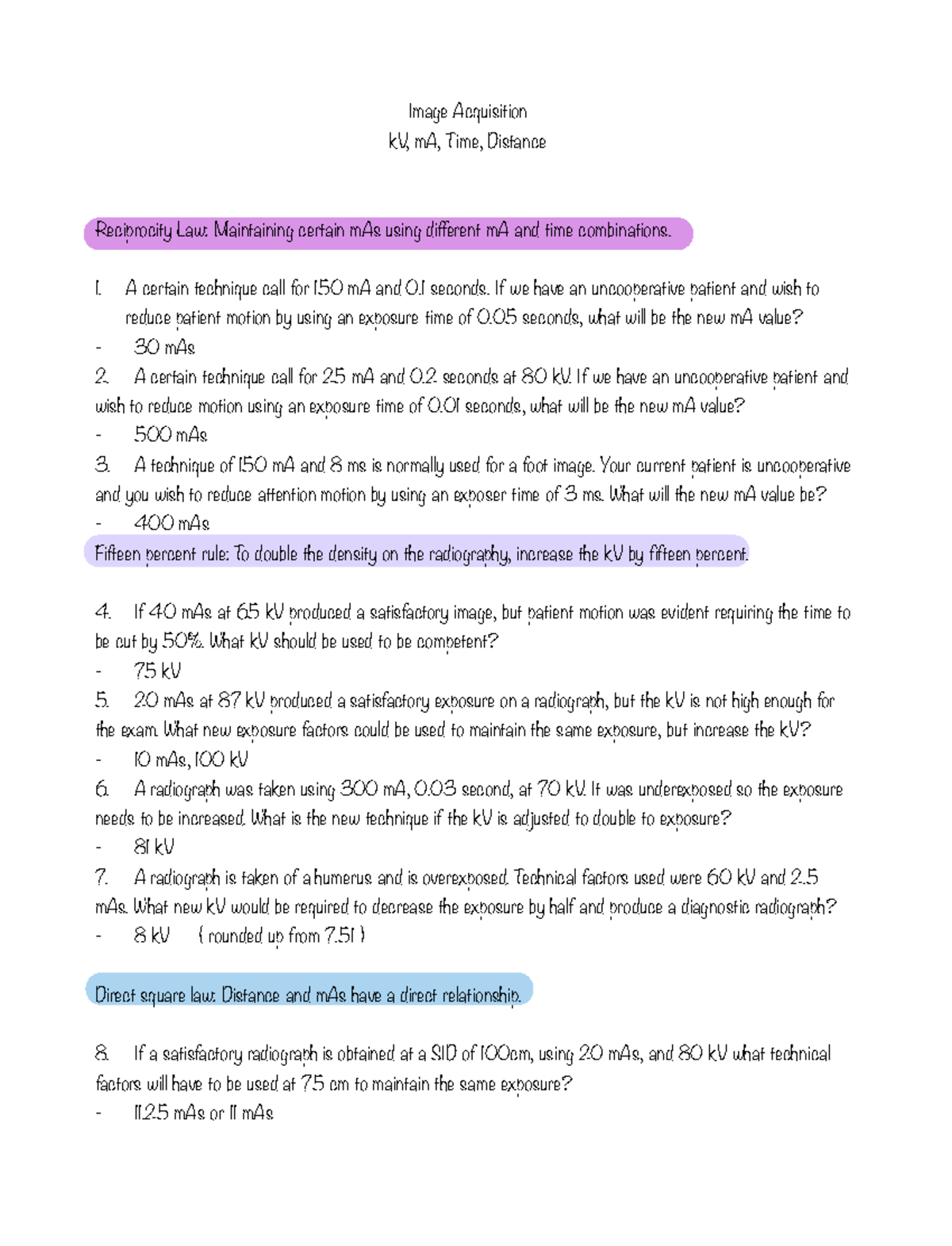 Kv, m A,Time, Distance - Test review - Image Acquisition kV, mA, Time ...