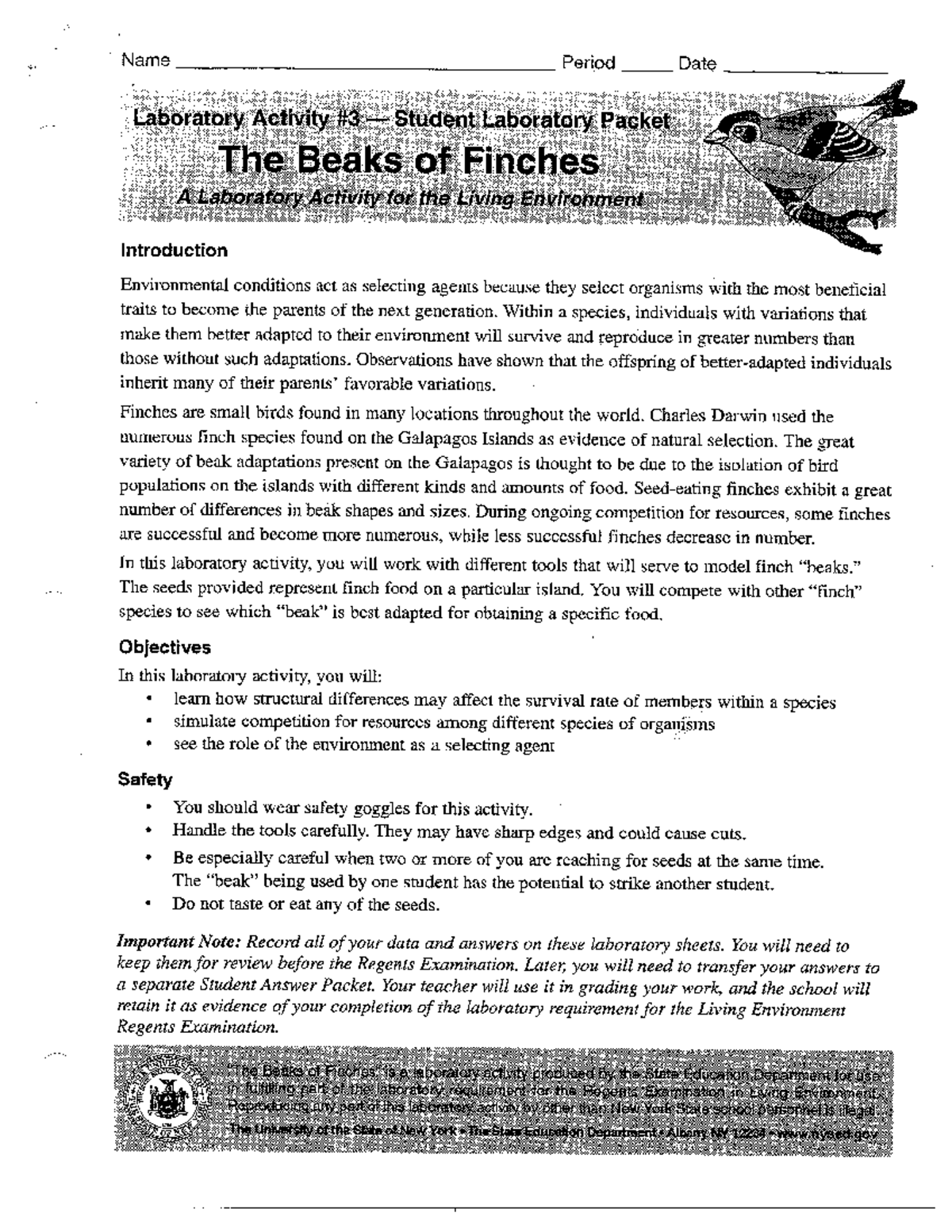 Beaks of finch lab - Name Period Date Laboratory Activity Student ...
