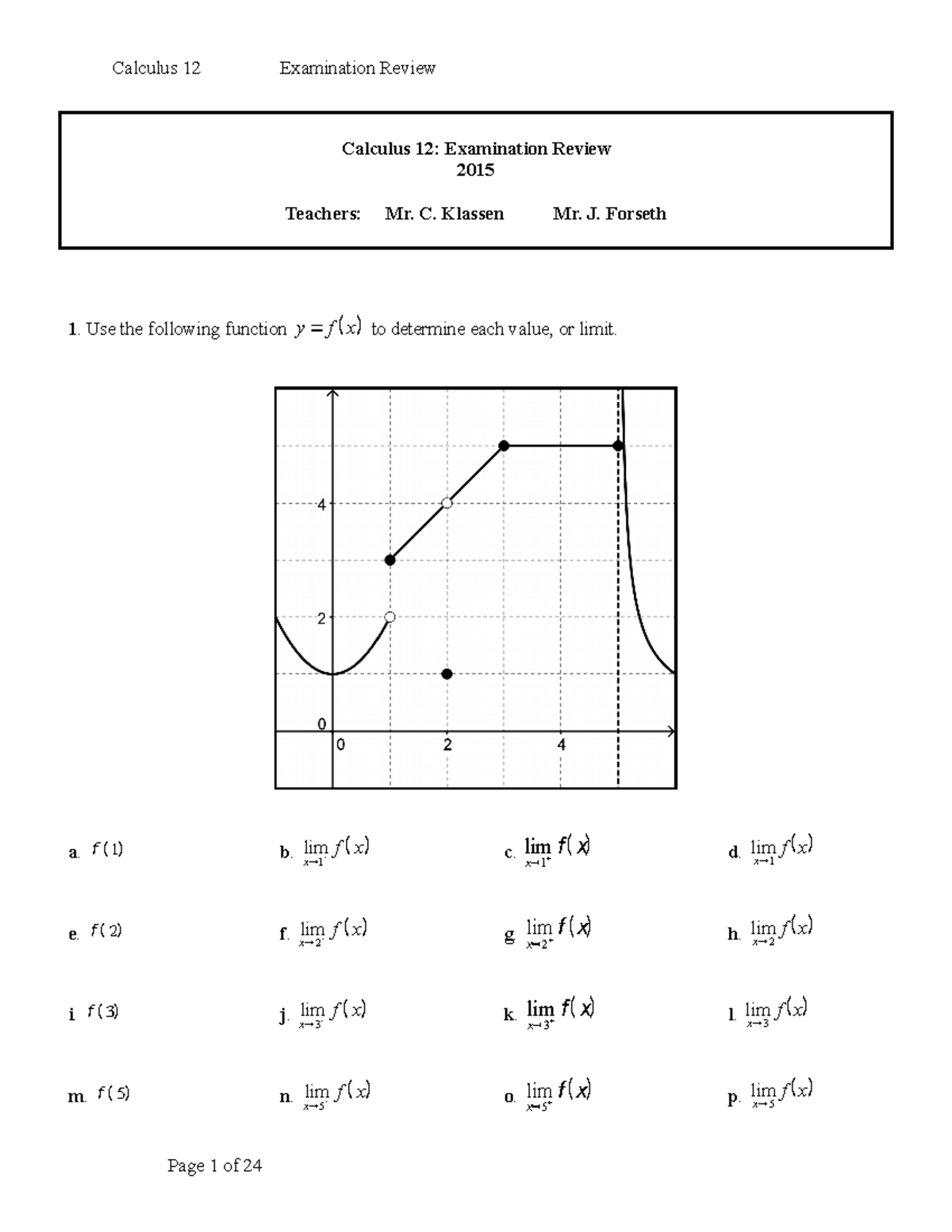 Calculus 12 exampractice-6 - Calculus 12 Examination Review Calculus 12 ...