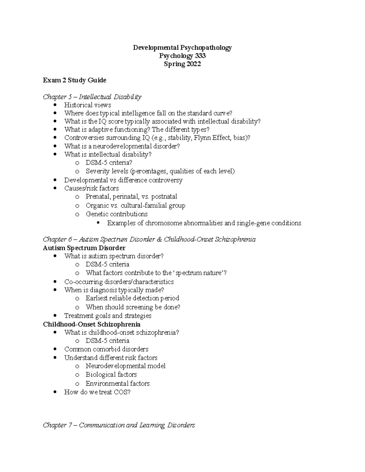 PSY 333 Exam 2 Study Guide-3 - Developmental Psychopathology Psychology ...