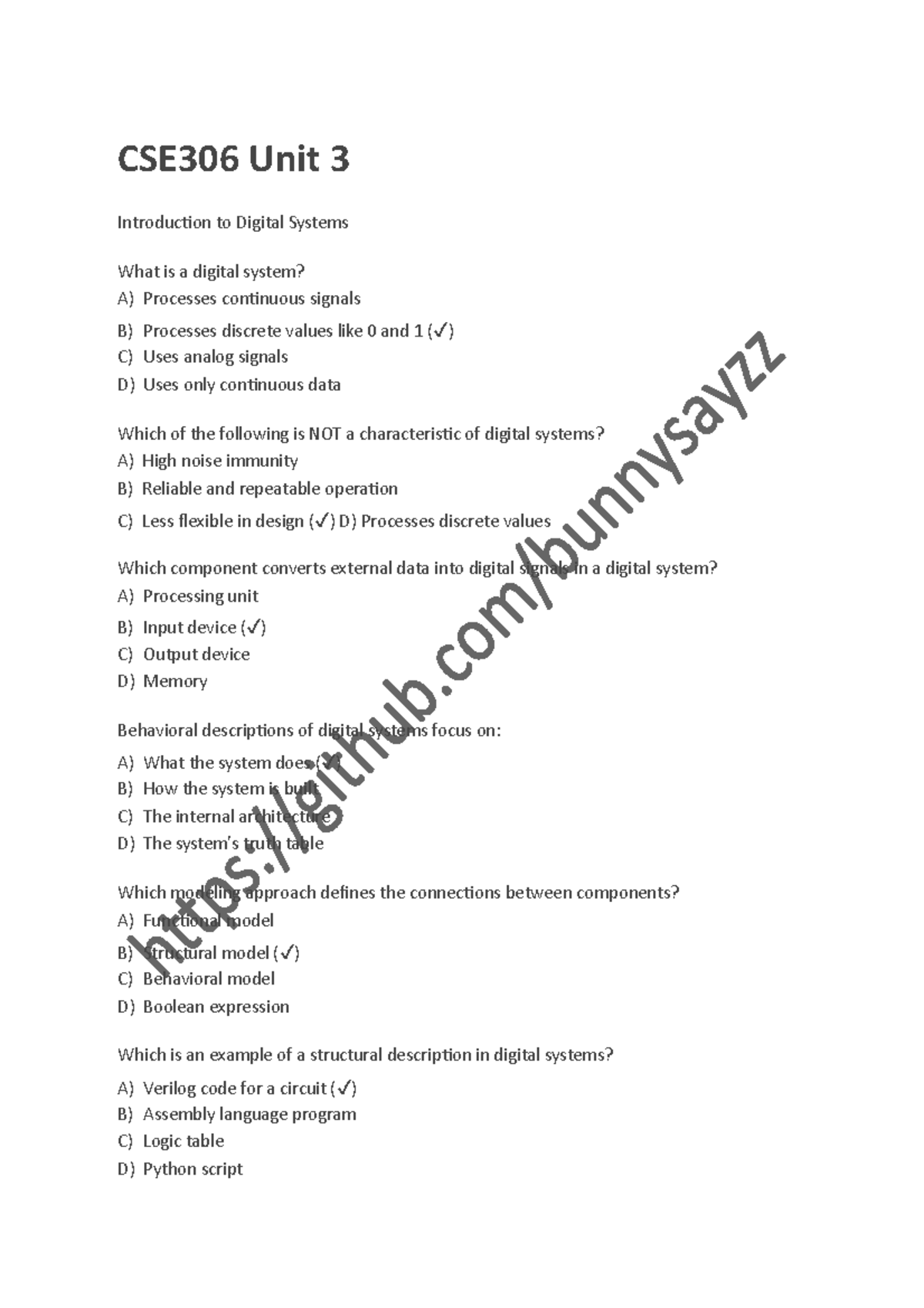 Cse306 mcqs unit 3 chapter wise - CSE306 Unit 3 Introduction to Digital Systems What is a ...