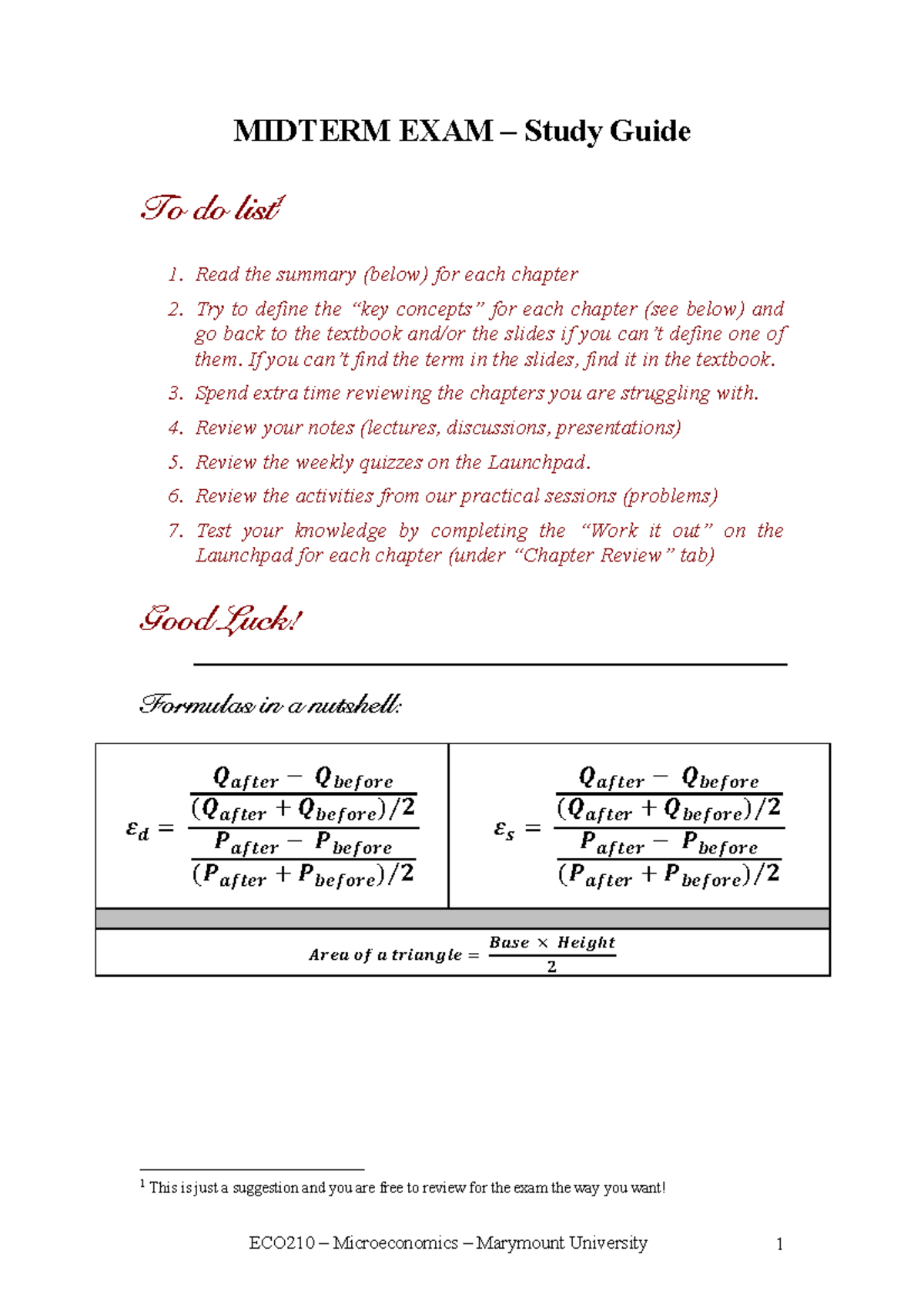 Study Guide - Midterm #1 ECO210-1 - MIDTERM EXAM – Study Guide To do ...