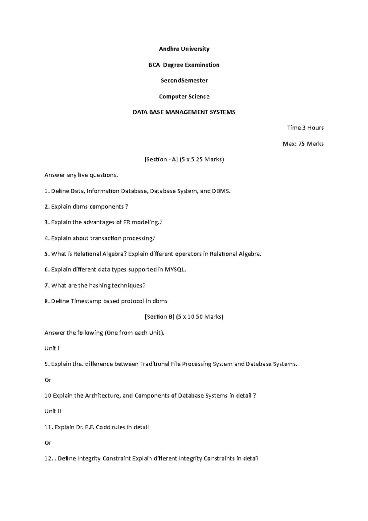 Dbms - computer - Andhra University BCA Degree Examination ...