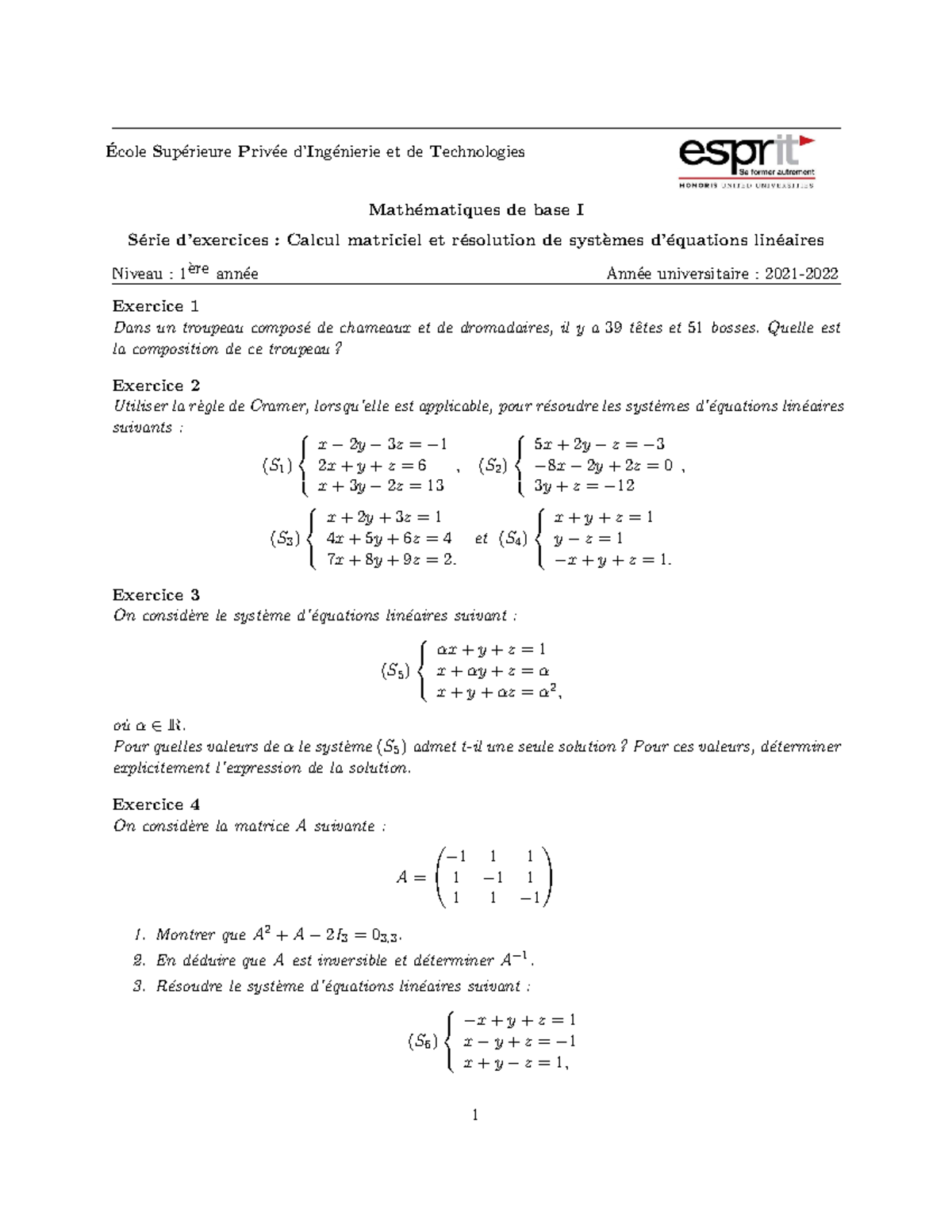 Série matrices - operations sur les matrices - E ́coleSup ́erieurePriv ...