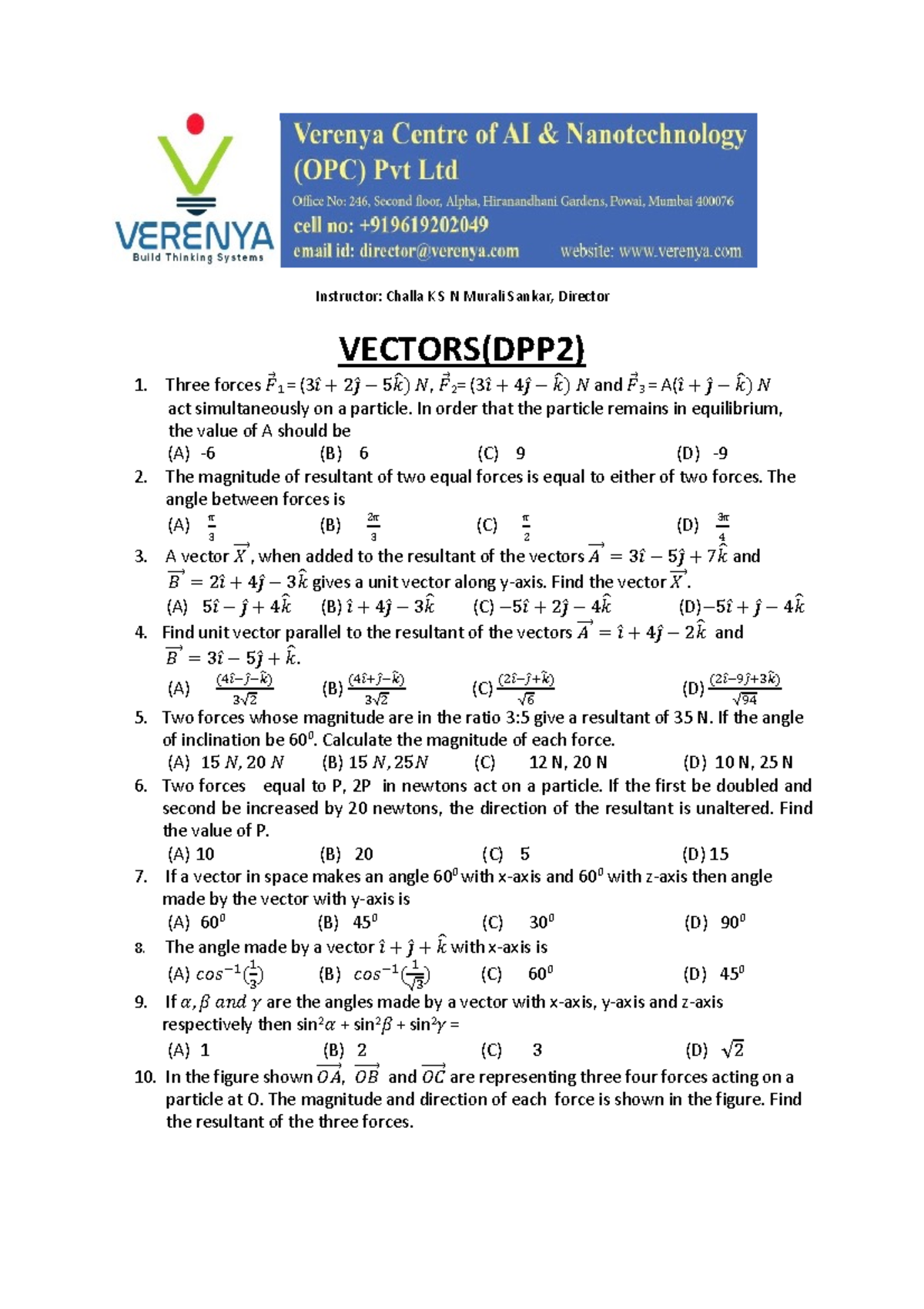 Vectors PRACTICE PAPER 2 - Instructor: Challa K S N Murali Sankar ...