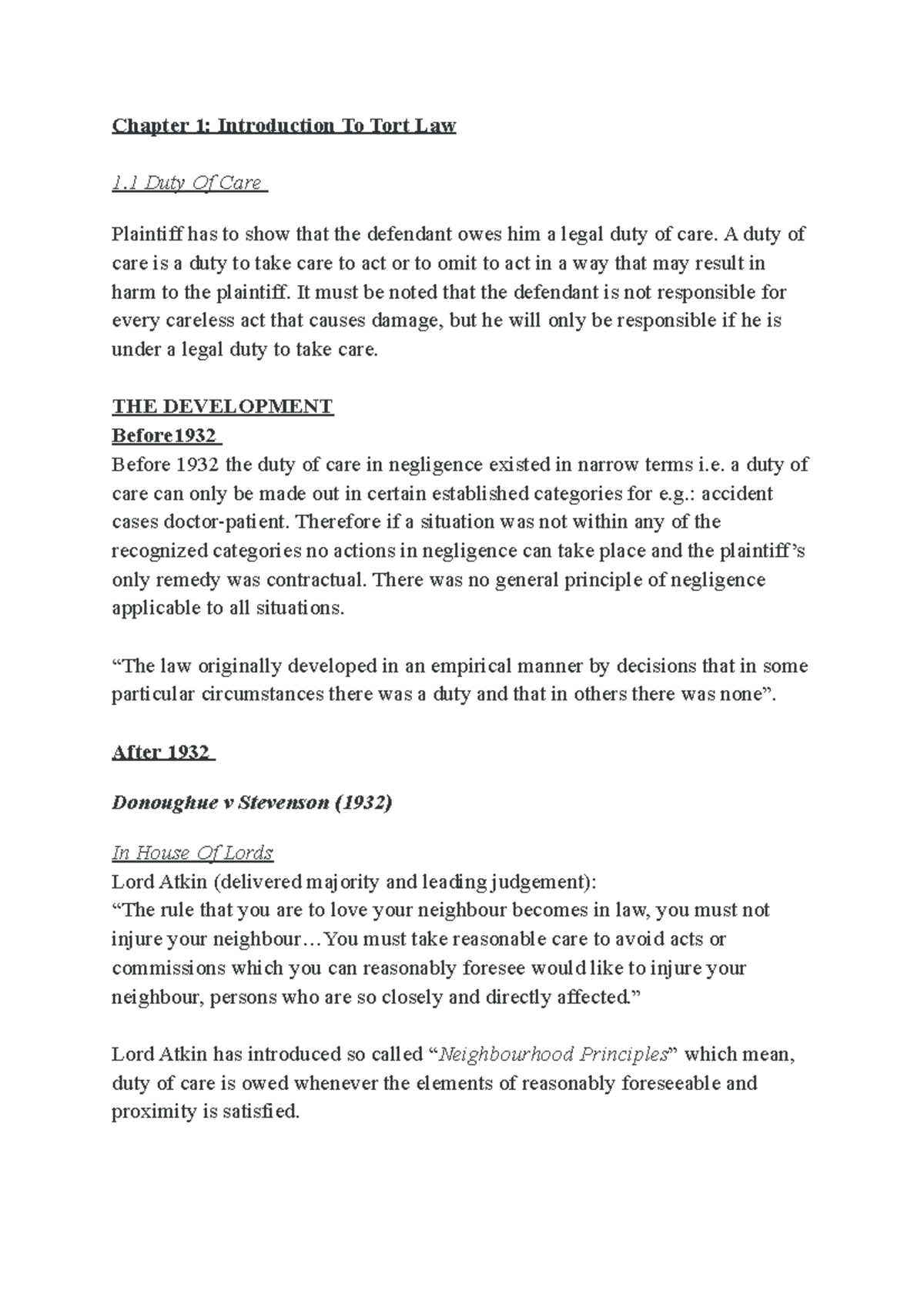 Tort law notes - 。。。。。。。。 - Chapter 1: Introduction To Tort Law 1 Duty ...