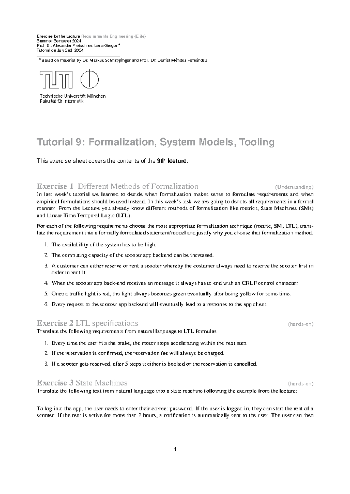 Exercise Sheet Exercise 9 - Exercise for the Lecture Requirements ...