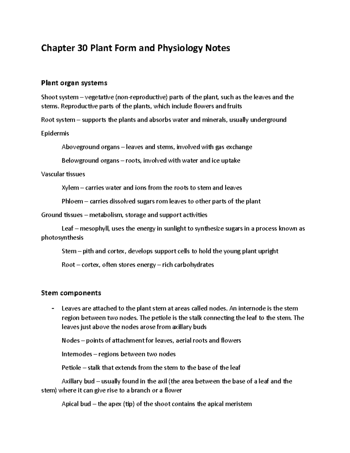 Chaptet 30 Plant Form and Physiology Notes - Chapter 30 Plant Form and ...