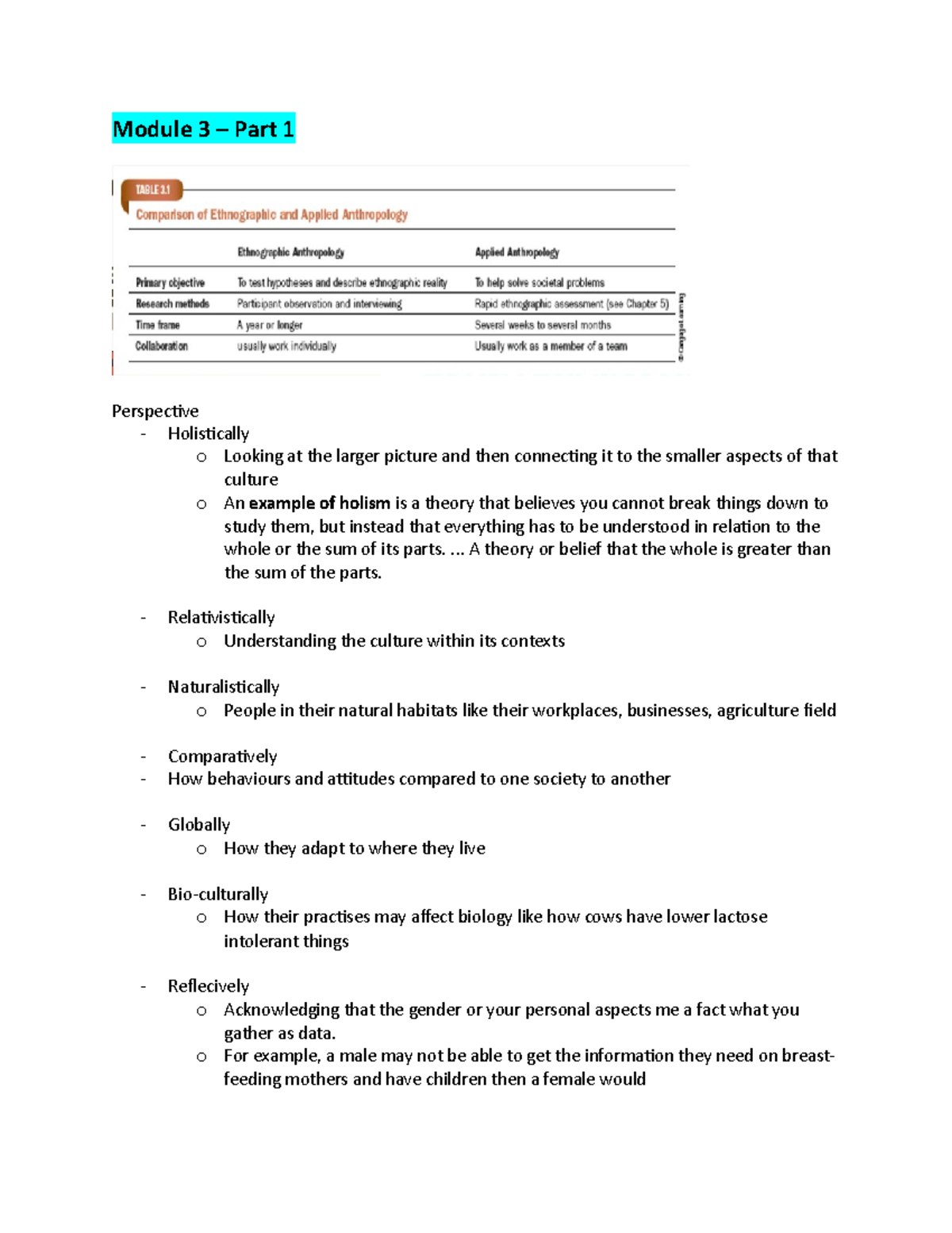 Anthro 111 Module 3 extra lecture notes - Module 3 – Part 1 Perspective ...
