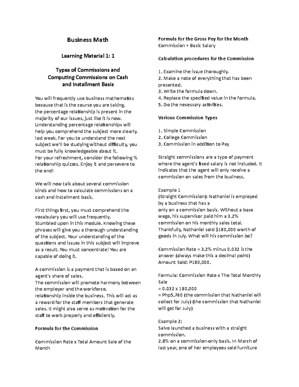 Business Math LM 1-1 - This learning material will help students in ...