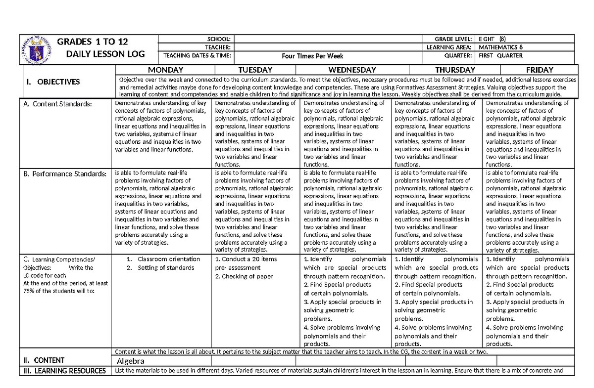 MATH 8 - DLL - Q1 - MATH 8 DLL - GRADES 1 TO 12 DAILY LESSON LOG SCHOOL ...
