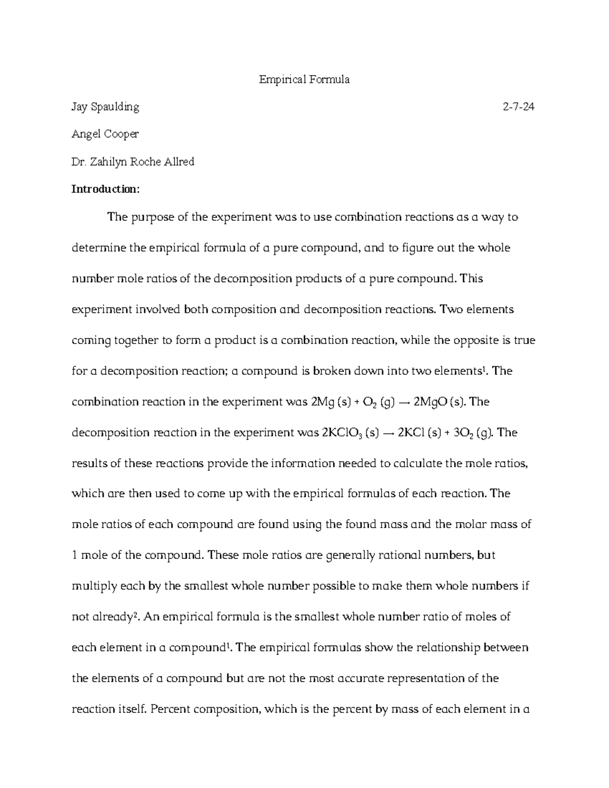Empirical Formula Lab Report - Empirical Formula Jay Spaulding 2-7 ...