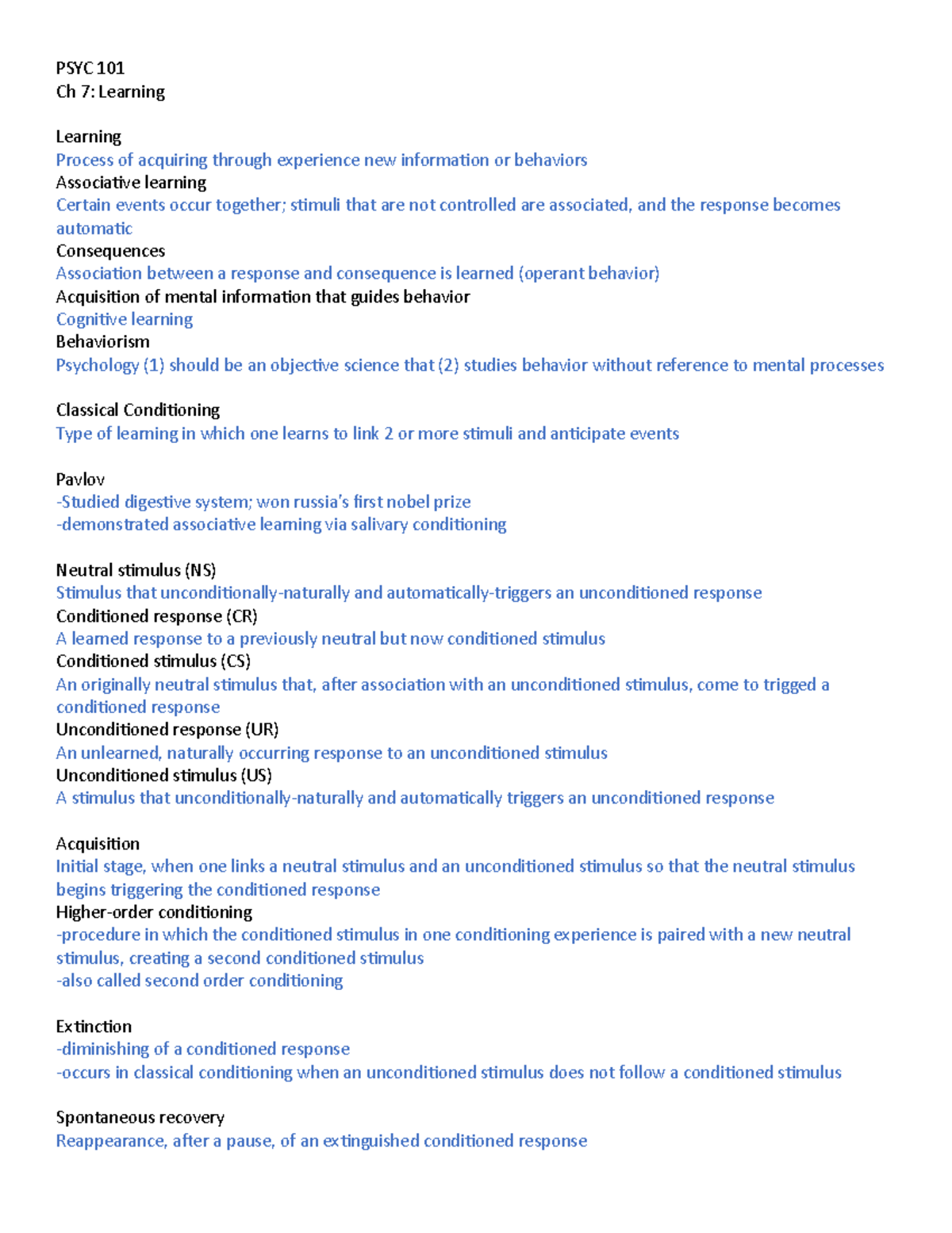Ch 7 - Learning Outline - Ch 7: Learning Learning Process of acquiring ...