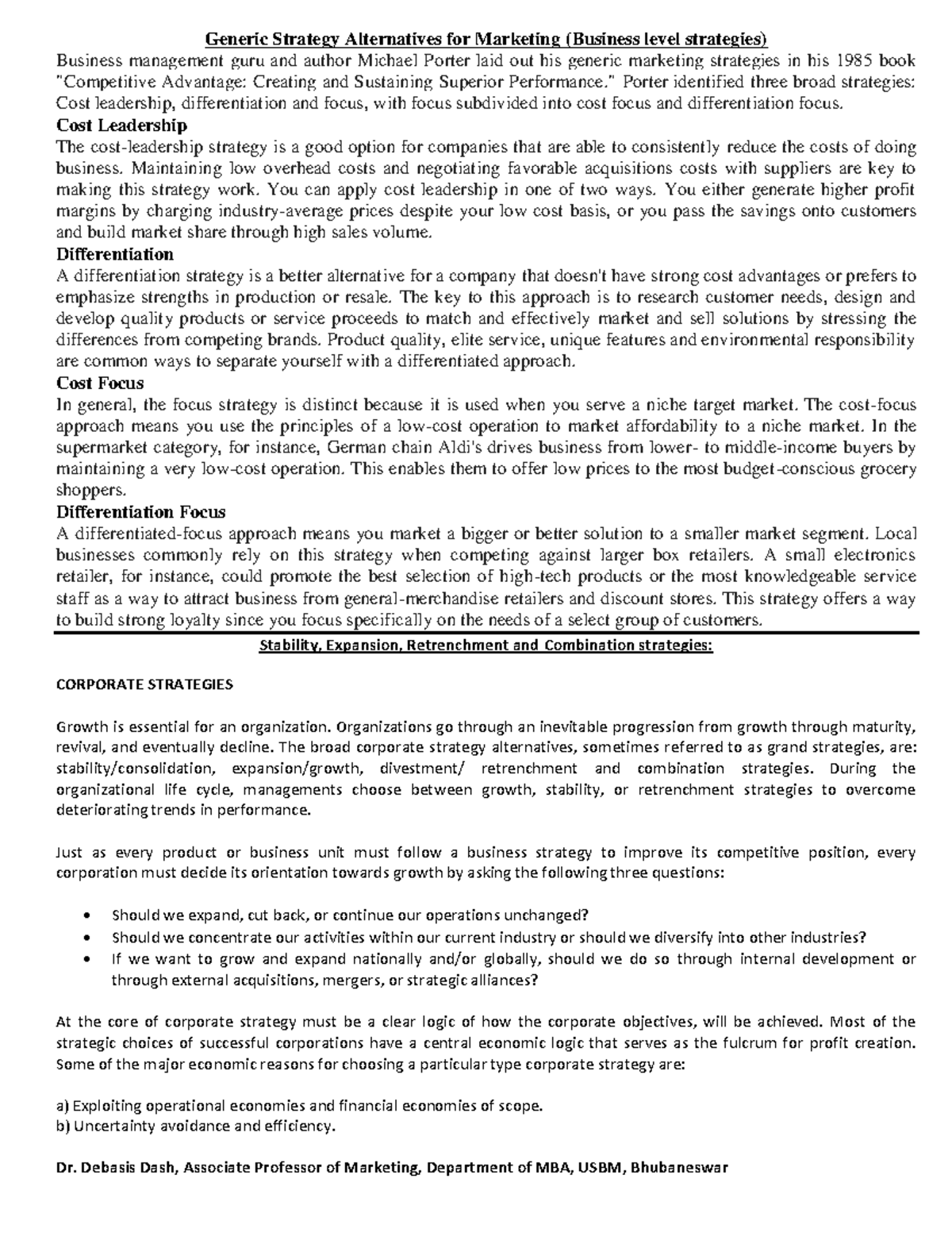 Corporate Strategy-3 - Yes - Generic Strategy Alternatives for ...