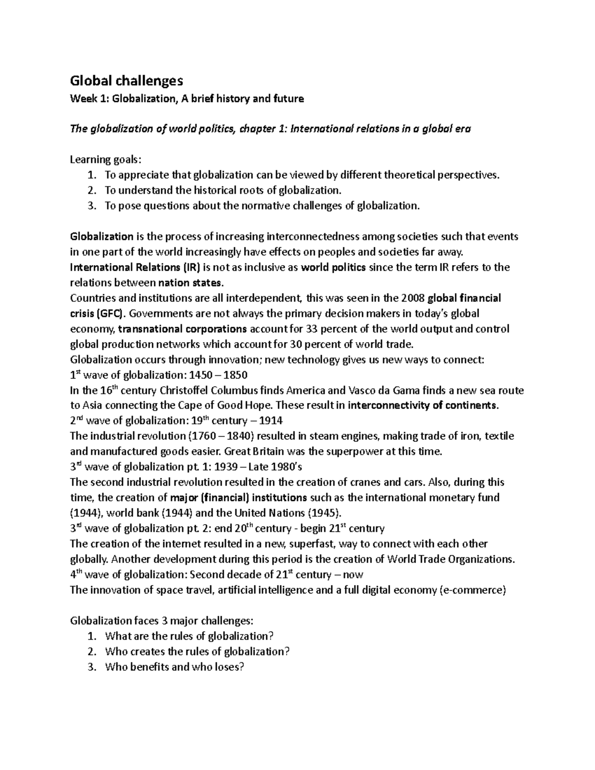 Global Challenges Week 1 - Global challenges Week 1: Globalization, A ...