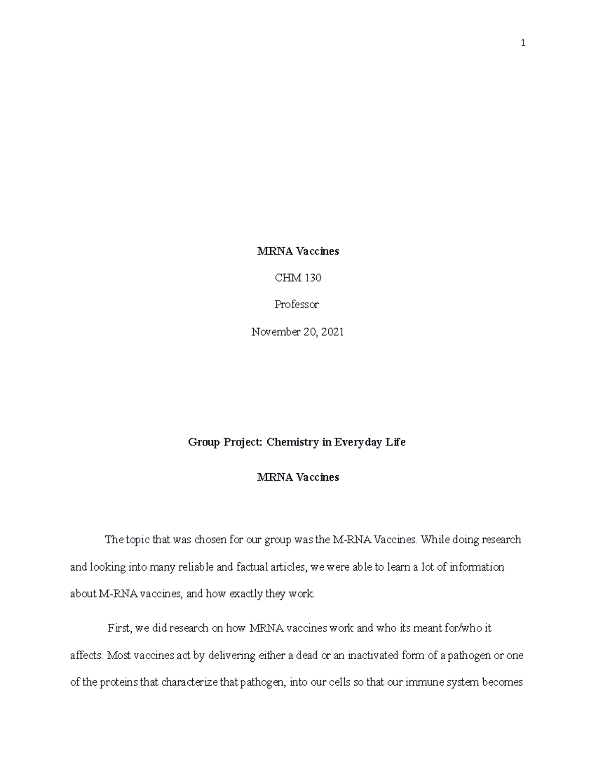 Research - Group Project - MRNA Vaccines CHM 130 Professor November 20 ...