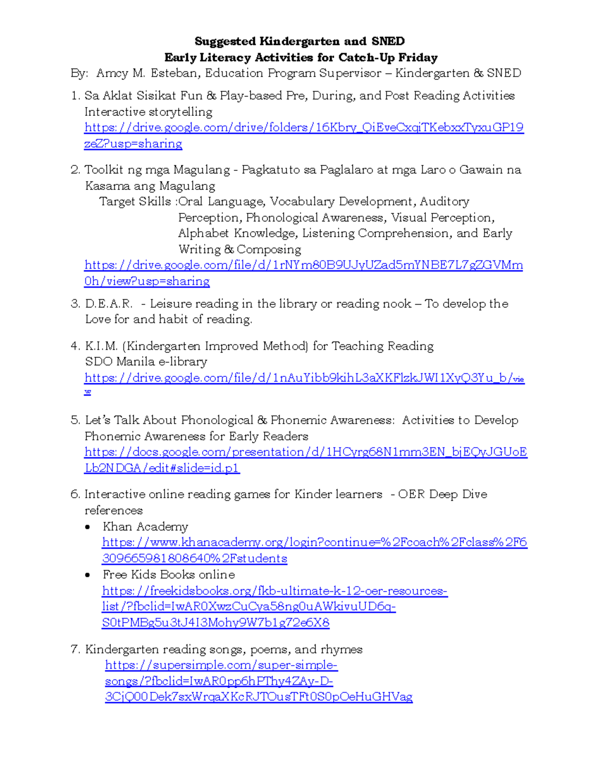 Indergarten SNED Literacy Activities for Catch Up Friday - Suggested ...