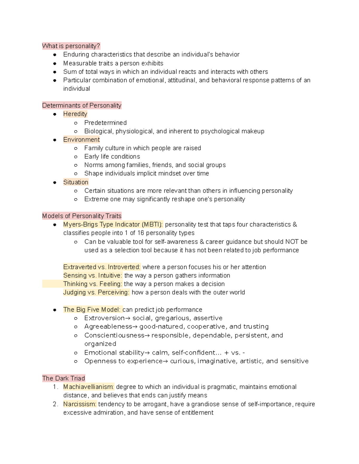 Chapter 4 Notes and Concepts - What is personality? Enduring ...