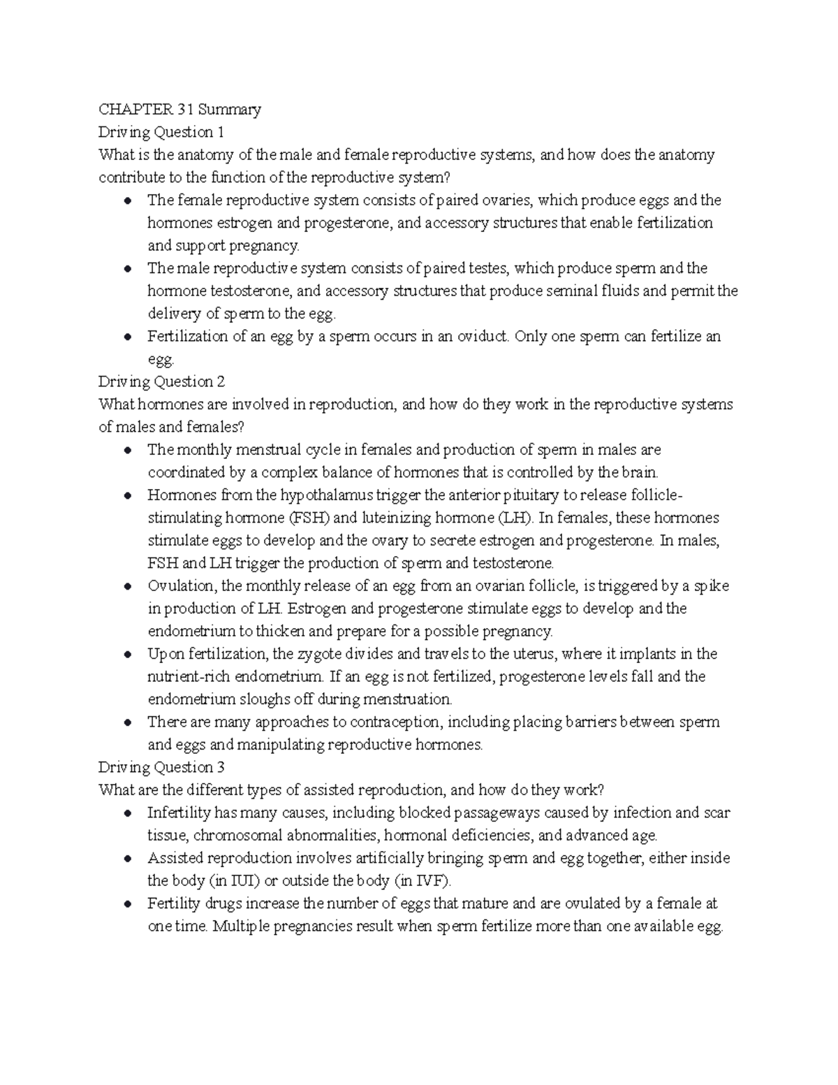 Bio 1409- Chapter 31 Summary - CHAPTER 31 Summary Driving Question 1 ...