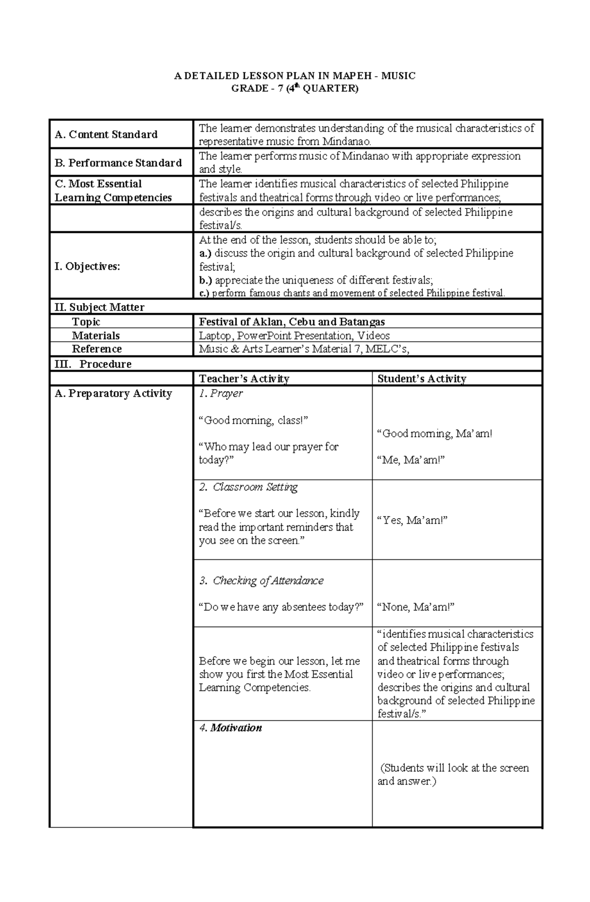 514134430 DLP IN Grade 7 Music 2 1 - A DETAILED LESSON PLAN IN MAPEH ...