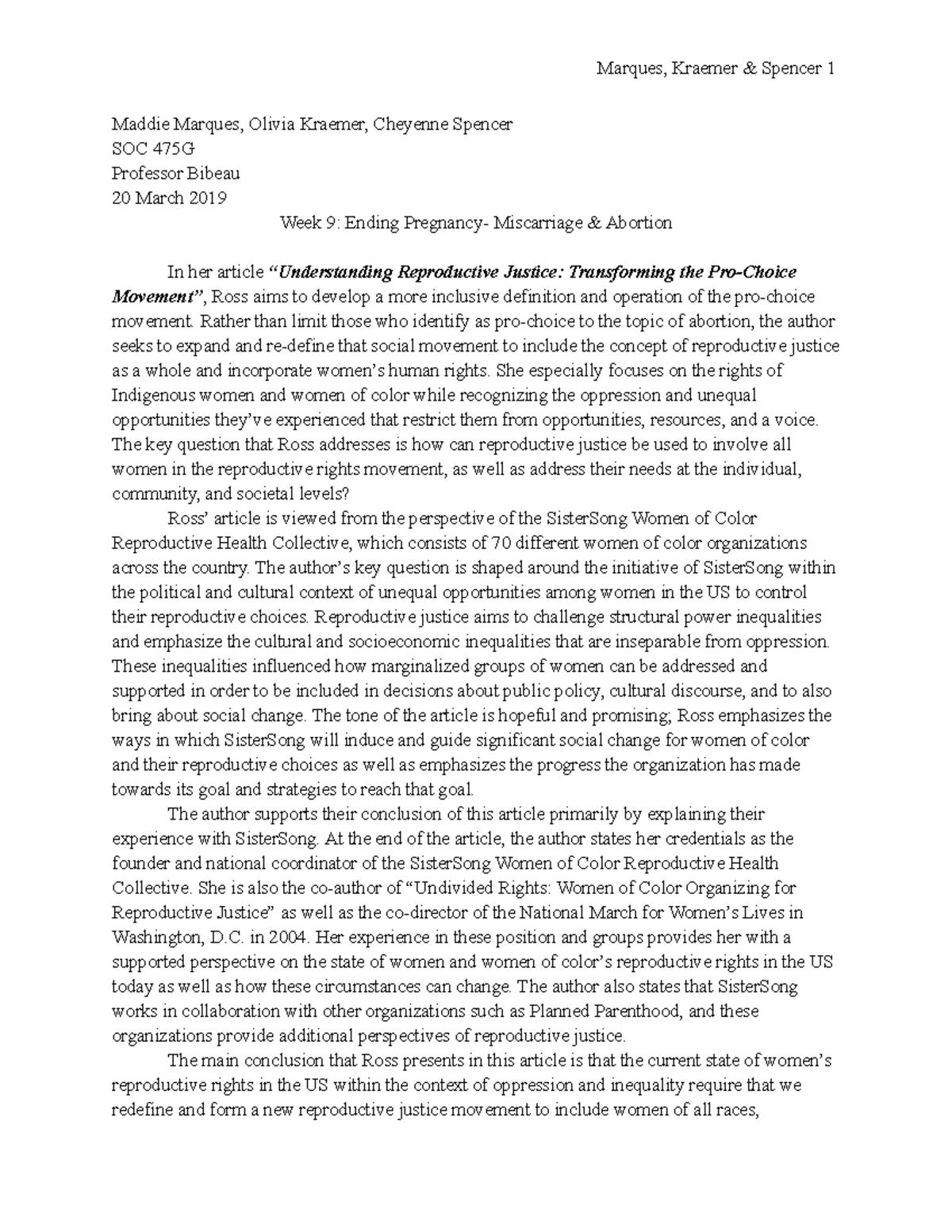 Week 9 lecture summaries - Maddie Marques, Olivia Kraemer, Cheyenne Spencer SOC 475G Professor ...