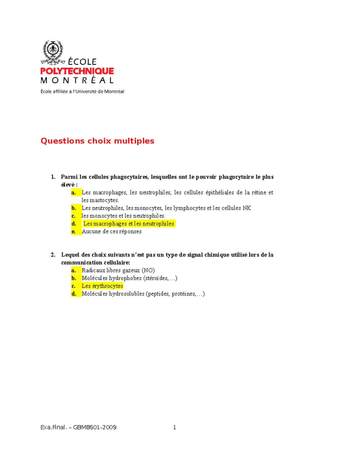 Examen préparation d'exam fait en classe - Questions choix multiples 1 ...