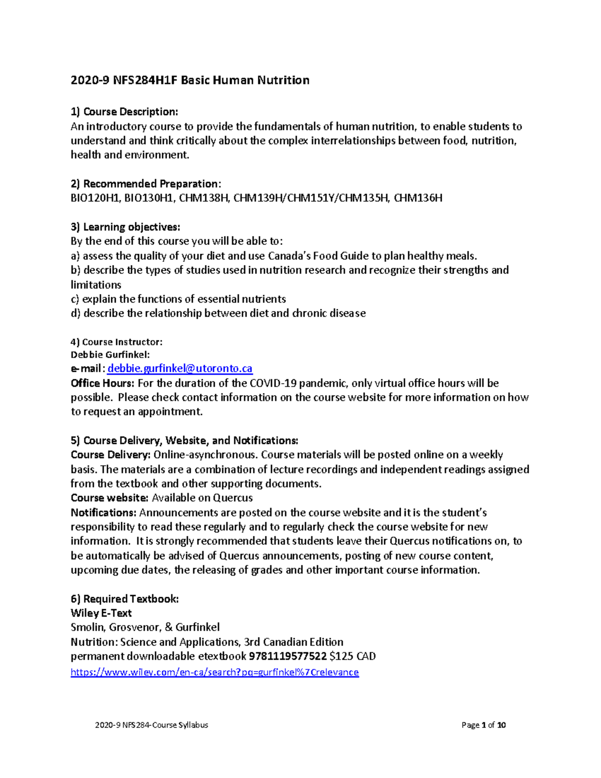 2020 9 NFS284 Course Syllabus - 2020-9 NFS284H1F Basic Human Nutrition ...