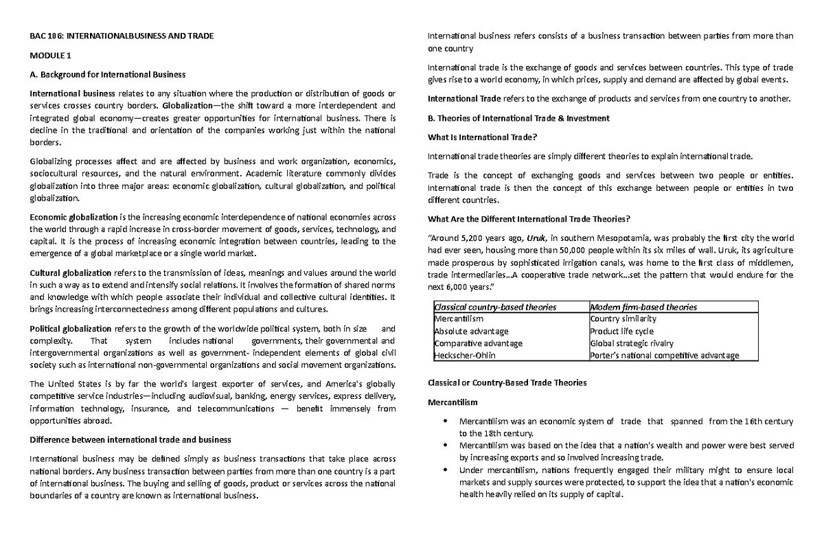 BAC 106 Module 1 - lectures - BAC 106: INTERNATIONALBUSINESS AND TRADE MODULE 1 A. Background ...