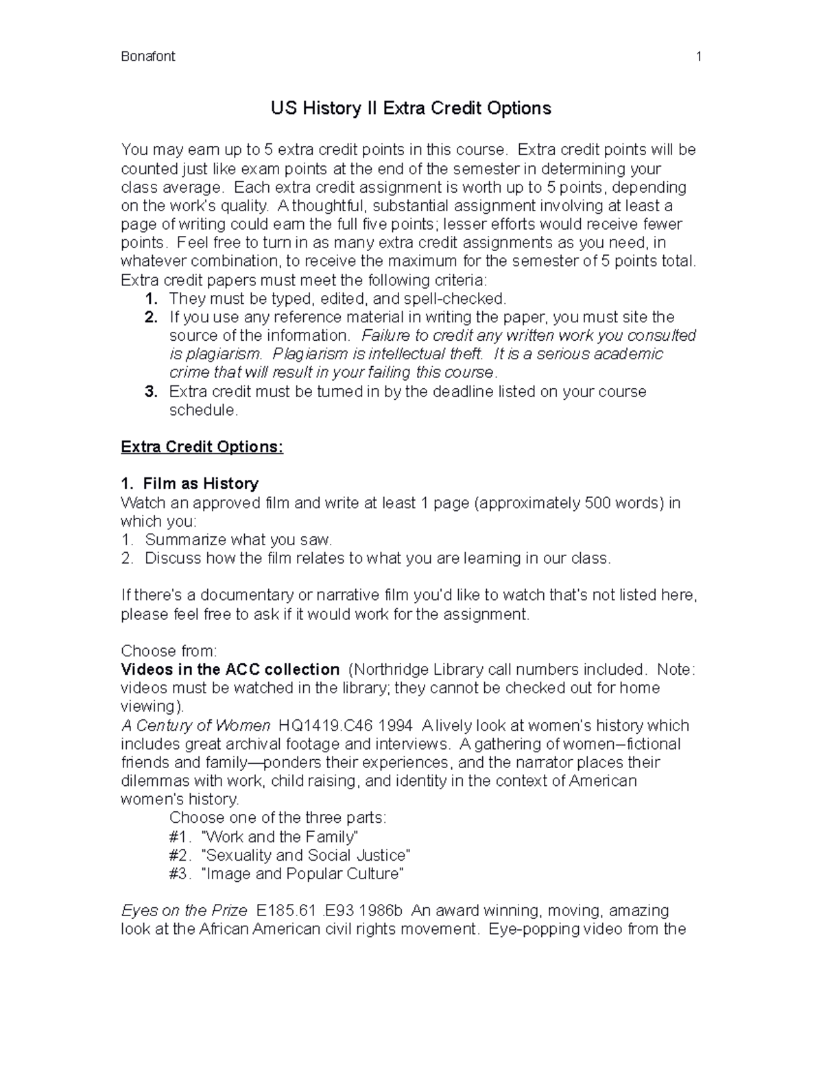 US2-Extra Credit Options - US History II Extra Credit Options You may ...