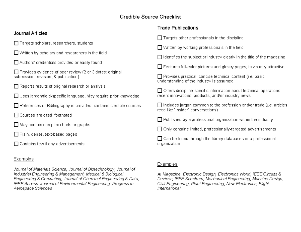 Credible Sources Checklist - Credible Source Checklist Journal Articles ...