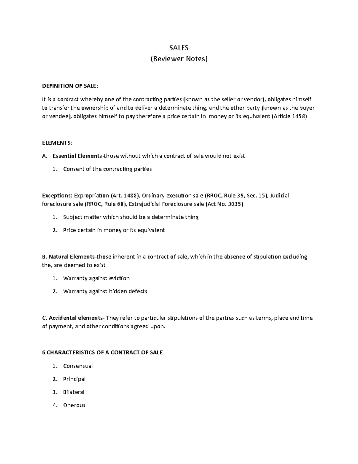 Sales - SALES (Reviewer Notes) DEFINITION OF SALE: It is a contract ...